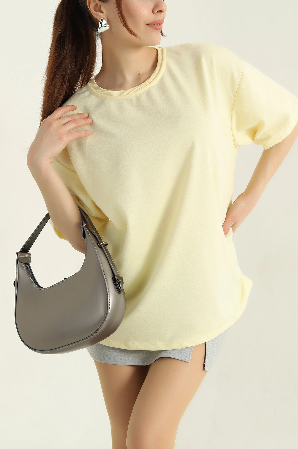 Sarı İki İp Oversize Kadın Tişört 364246