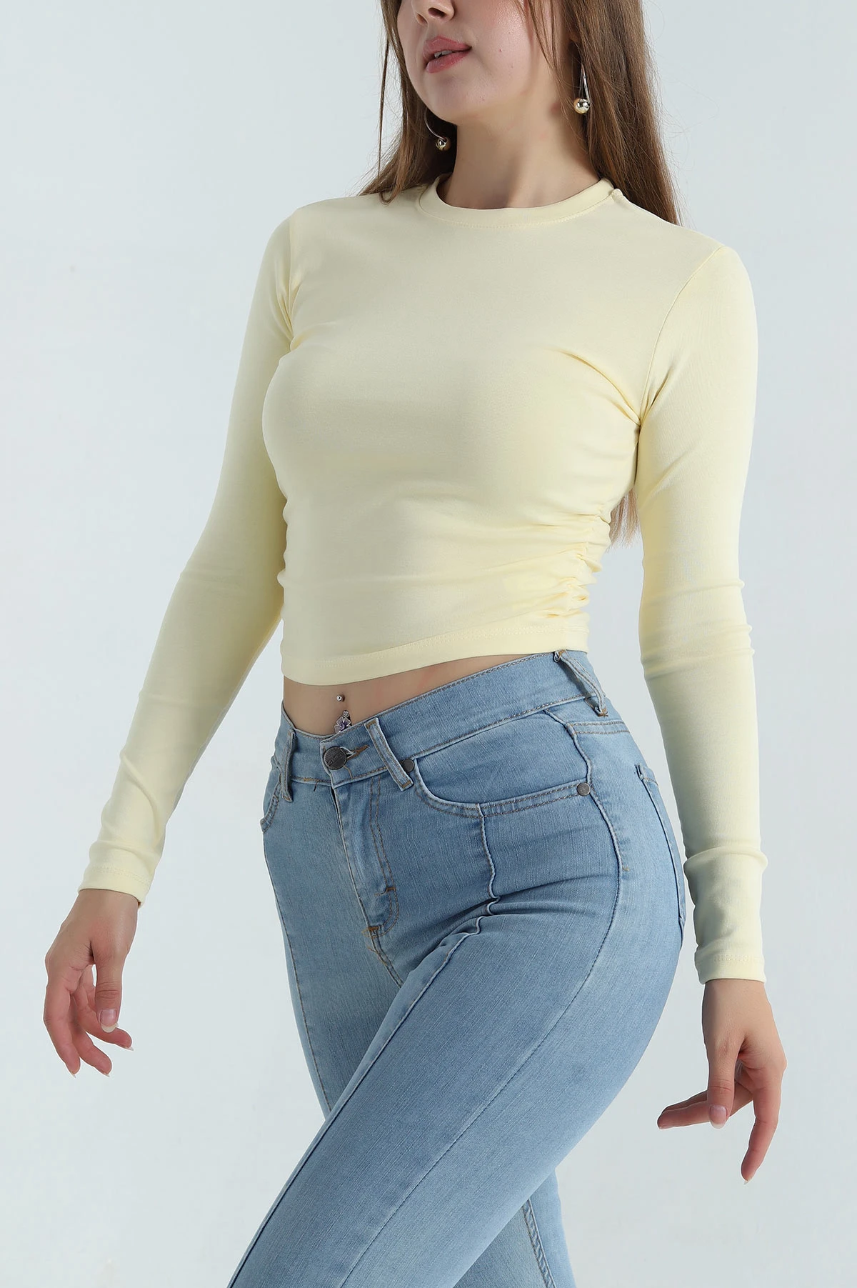 Sarı Yanı Büzgülü Modal Kadın Body 391399