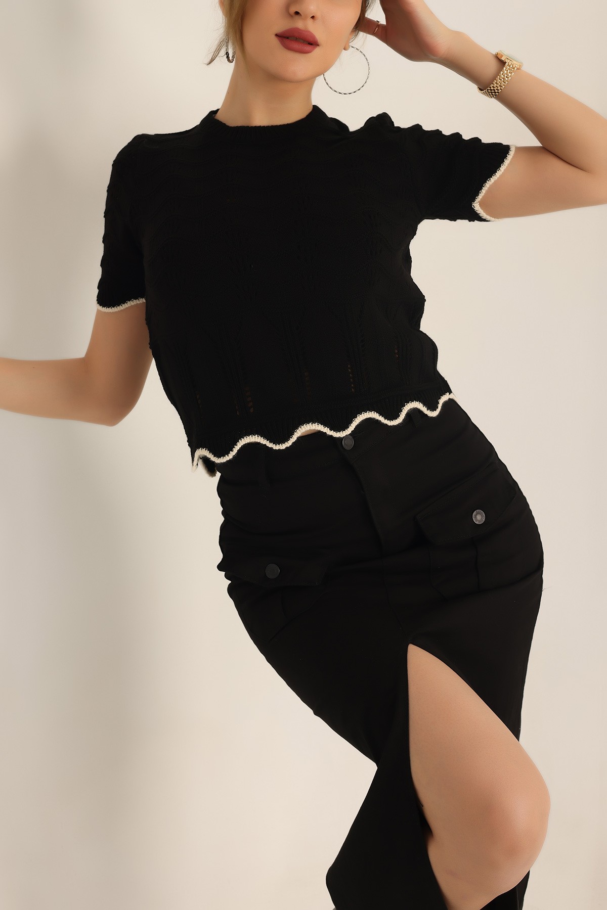 Siyah Ajurlu Triko Bluz 180673 | ModamızBir | Modamizbir.Com