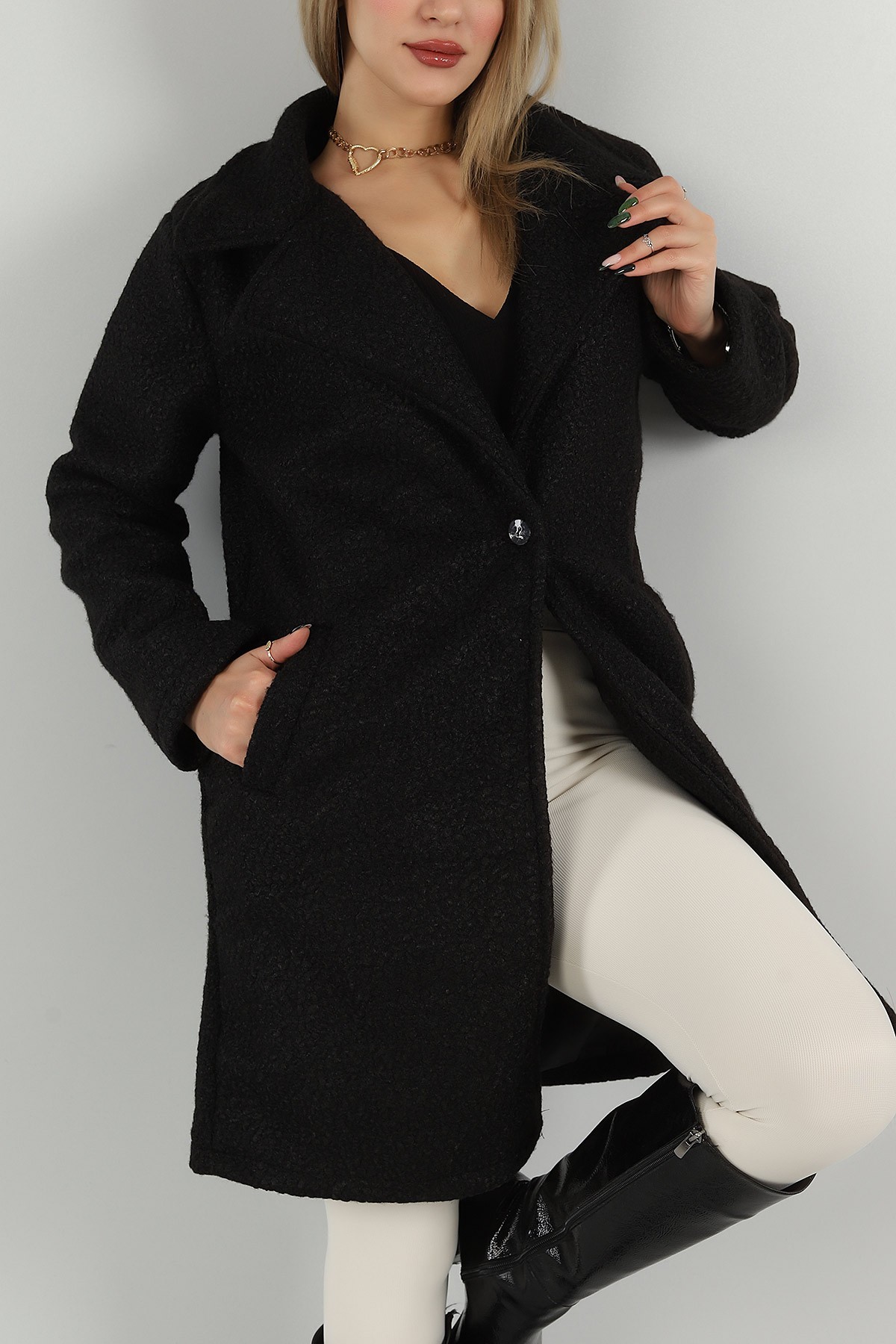 Siyah Astarlı Buklet Kaşe Bayan Kaban 147040 | ModamızBir | Modamizbir.Com