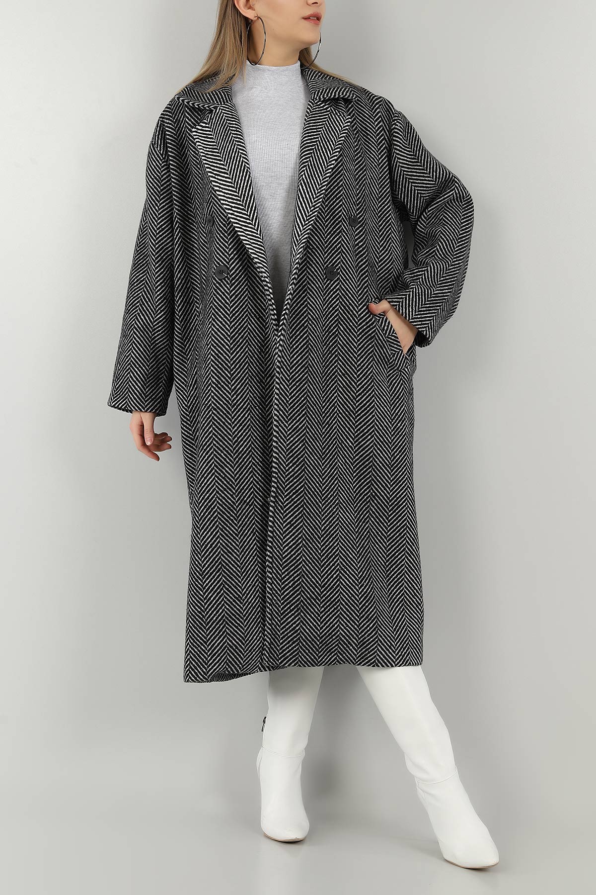 Siyah Astarlı Cepli Bayan Kaşe Kaban 148033 | ModamızBir | Modamizbir.Com