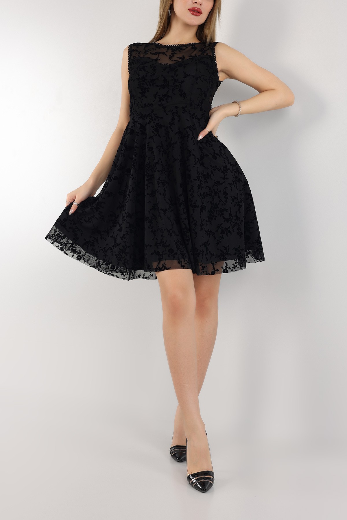 Siyah Astarlı Flok Baskı Elbise 161992 | ModamızBir | Modamizbir.Com