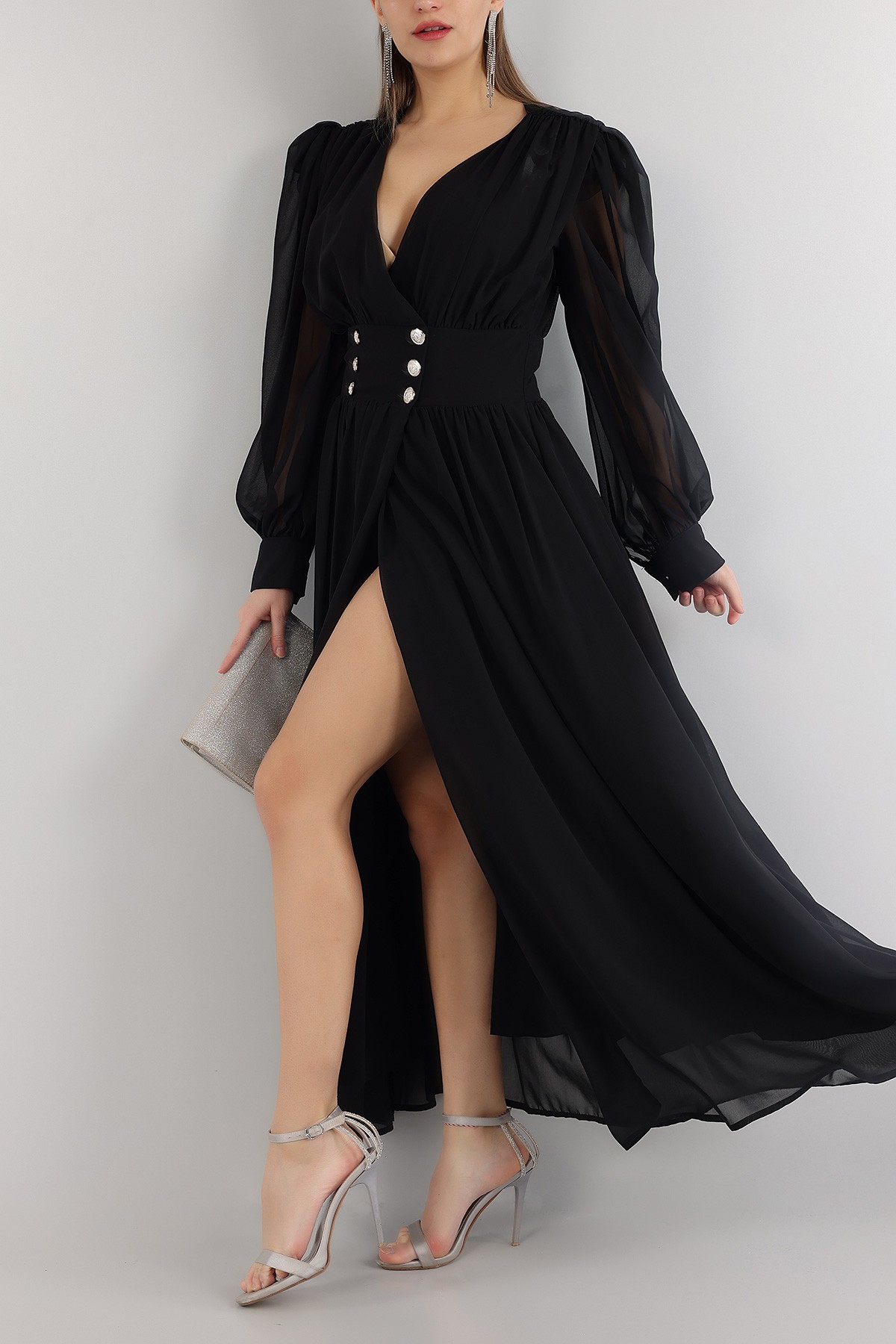 Siyah Astarl谋 Kruvaze Yaka 艦ifon Elbise 164888 Modam谋zbir