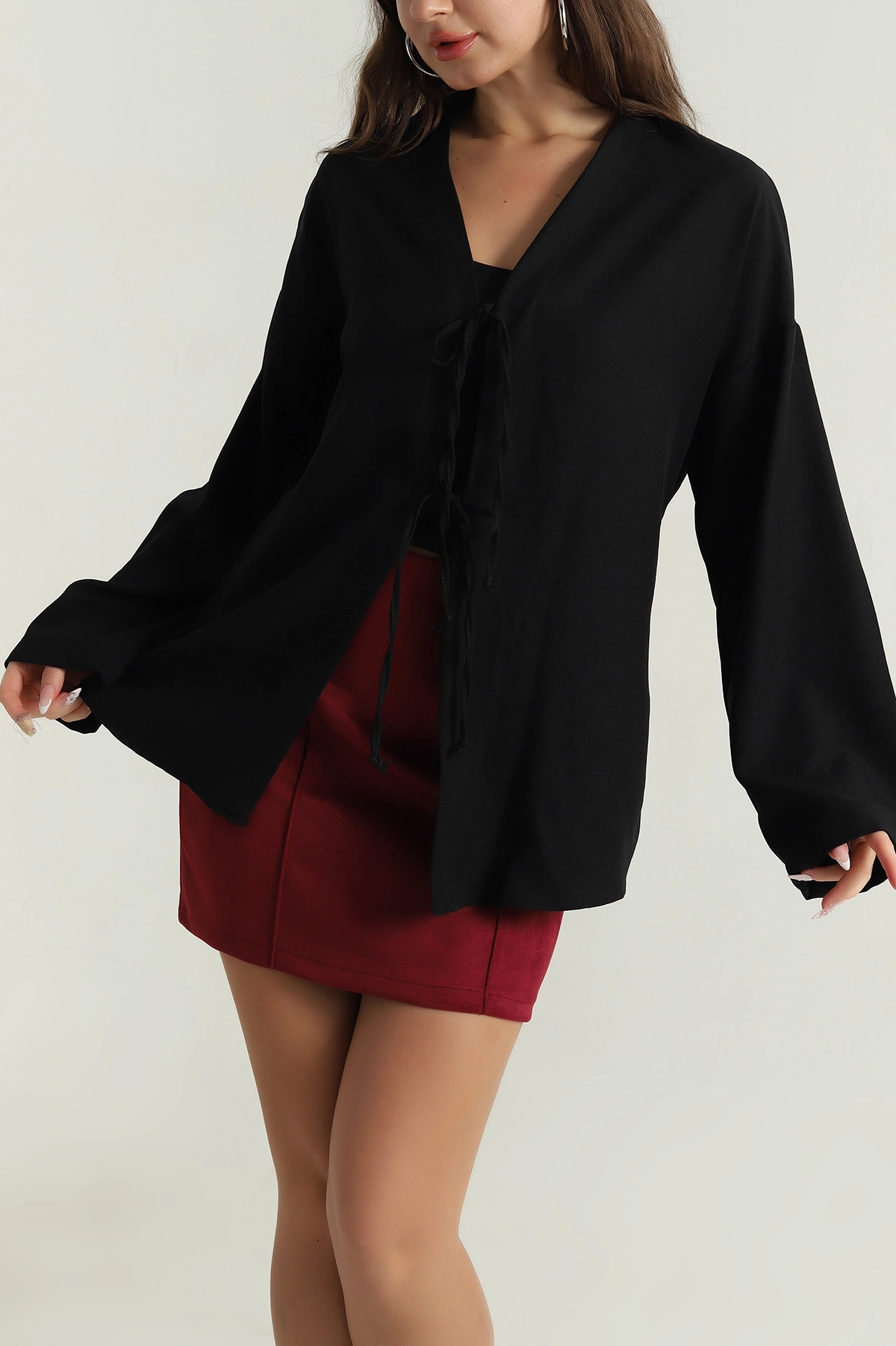 Siyah Bağlamalı Linen Kadın Kimono 406000