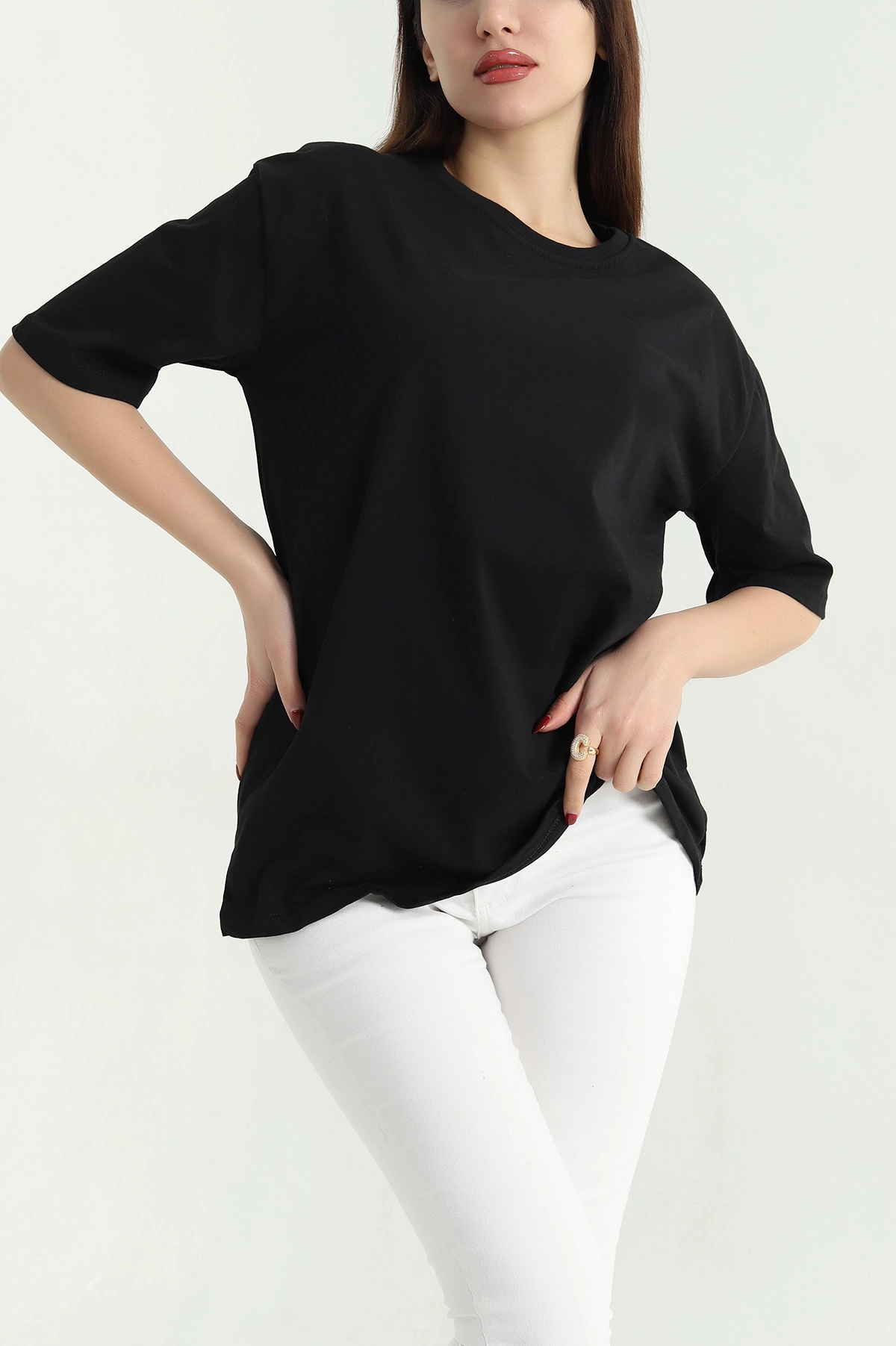 Siyah Bisiklet Yaka Oversize Bayan Tişört 339026