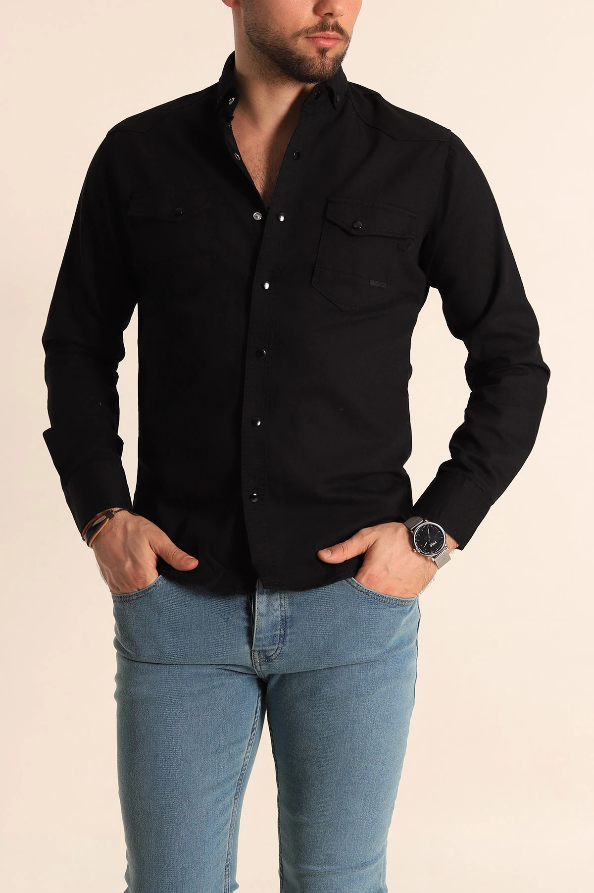 Siyah Çift Cepli Çıt Çıt Düğmeli Erkek Kot Gömlek 236386 | ModamızBir ...
