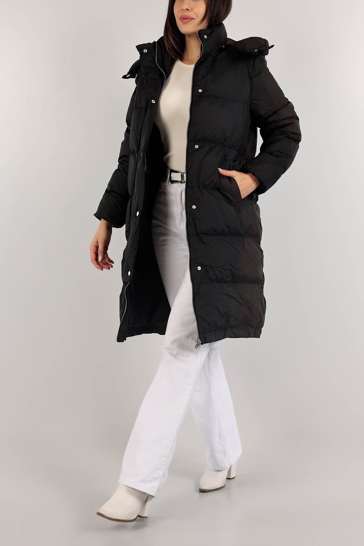 Siyah Çıkma Kapüşonlu Bayan Mont 138460 | ModamızBir | Modamizbir.Com