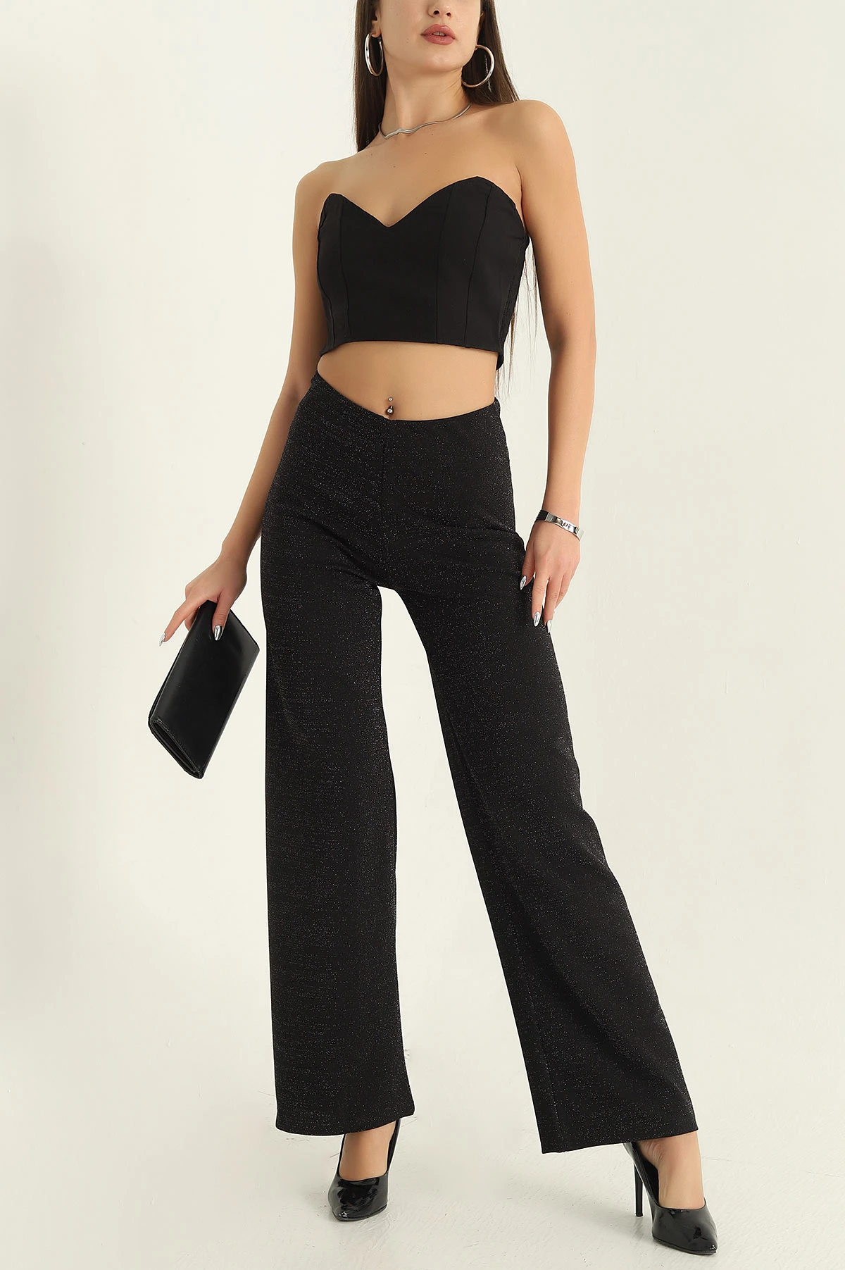 Siyah Crep Simli Beli Lastikli Bayan Pantolon 318404