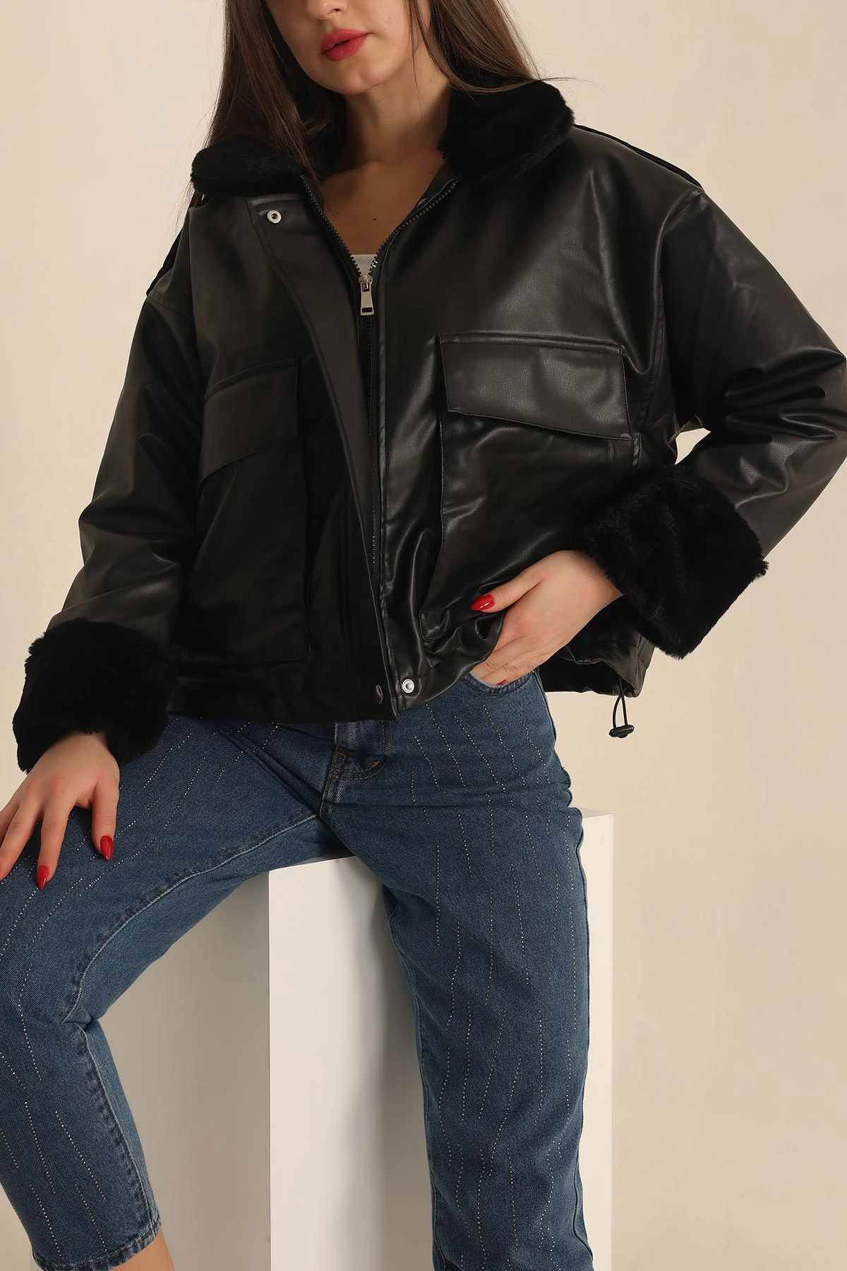 Siyah Deri İçi Komple Kürklü Bayan Mont 231809 | ModamızBir ...