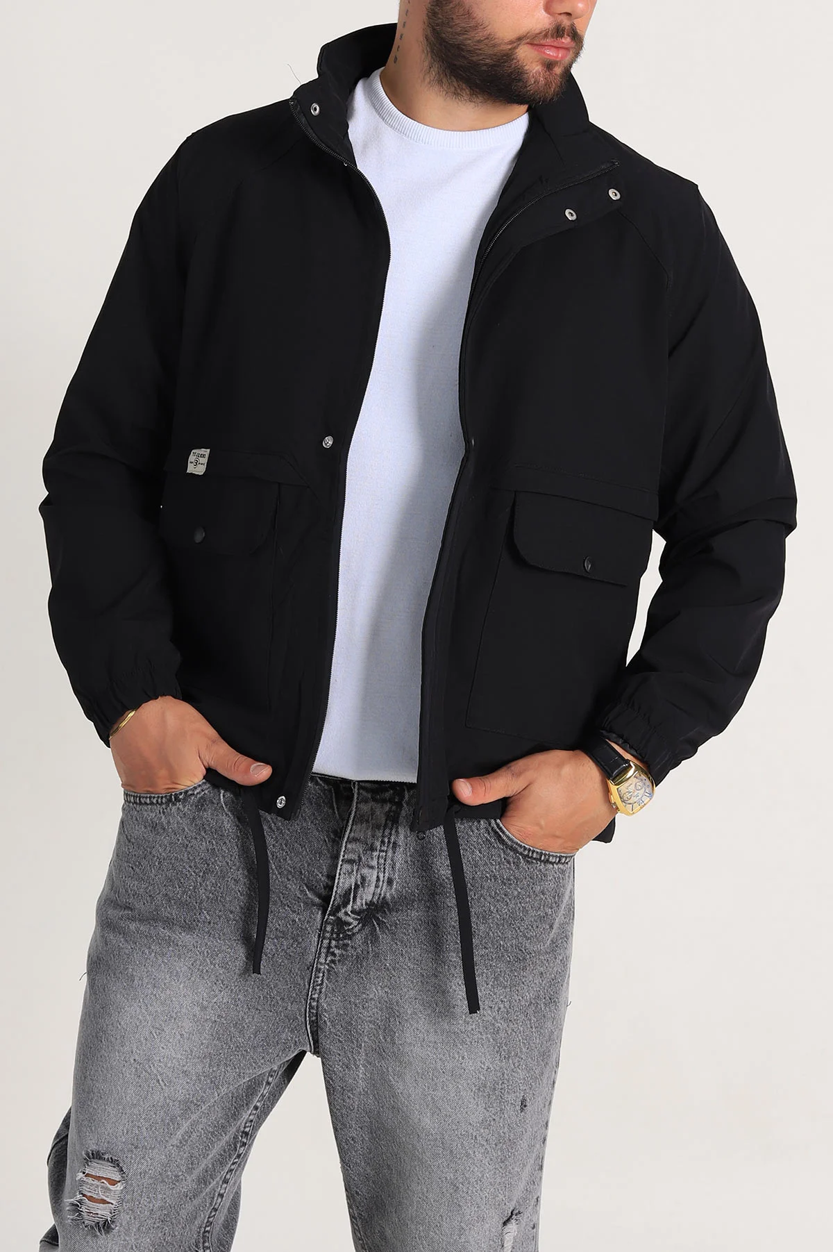 Siyah Dik Yaka Bel Lastikli Erkek Mevsimlik Mont 301210