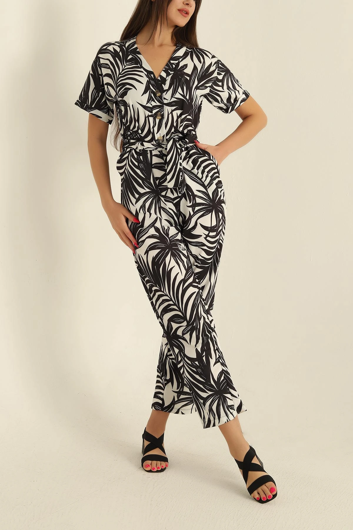 Siyah Düğmeli Desenli Dokuma Viskon Tulum 278334 | ModamızBir ...