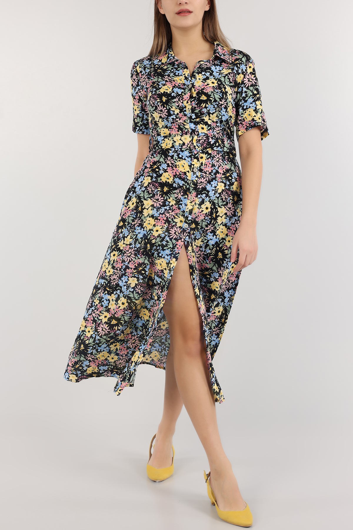 Siyah Düğmeli Tasarım Dokuma Elbise 161702 | ModamızBir | Modamizbir.Com