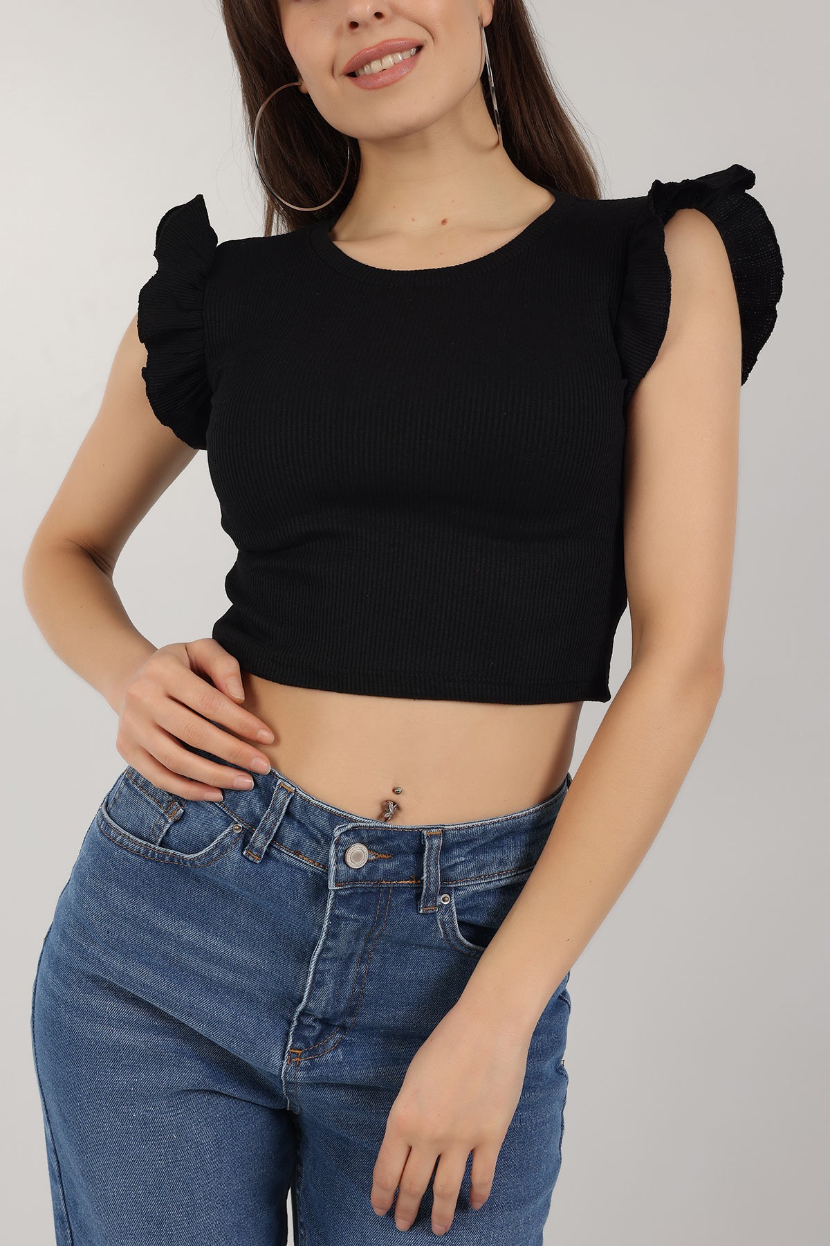 Siyah Fitilli Crop Bluz 156424 | ModamızBir | Modamizbir.Com
