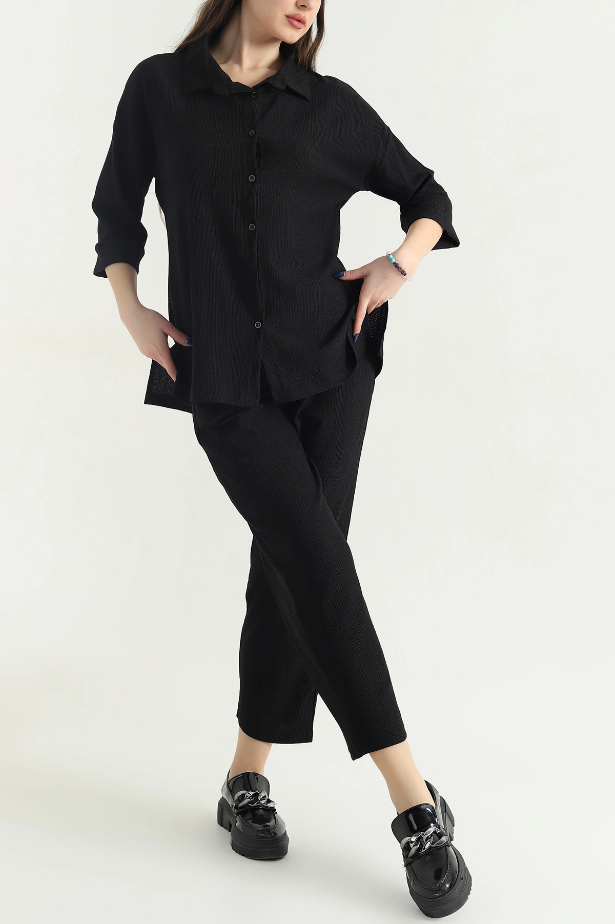 Siyah Gömlek Pantolon Gofre Kadın İkili Takım 341469