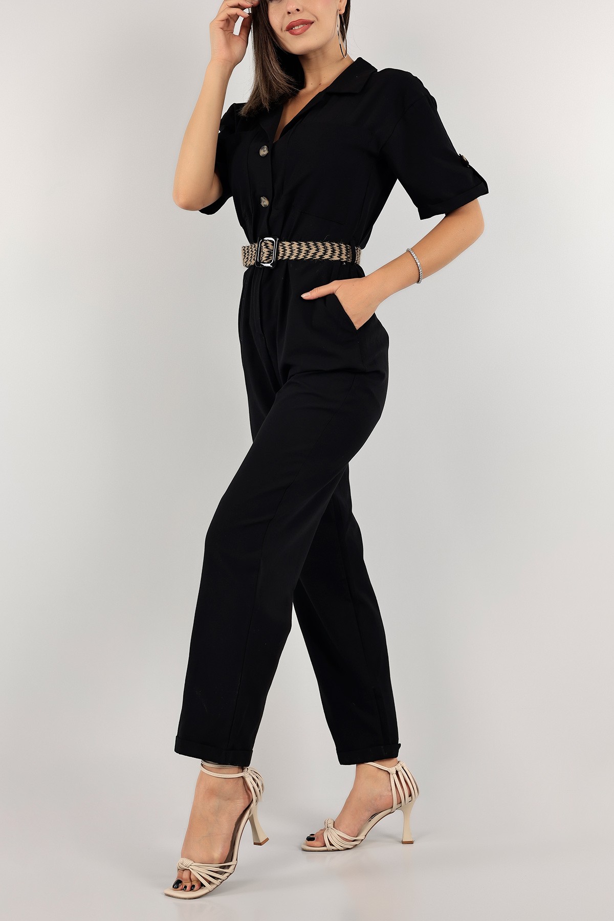 Siyah Hasır Kemerli Bayan Keten Tulum 127679 | ModamızBir | Modamizbir.Com