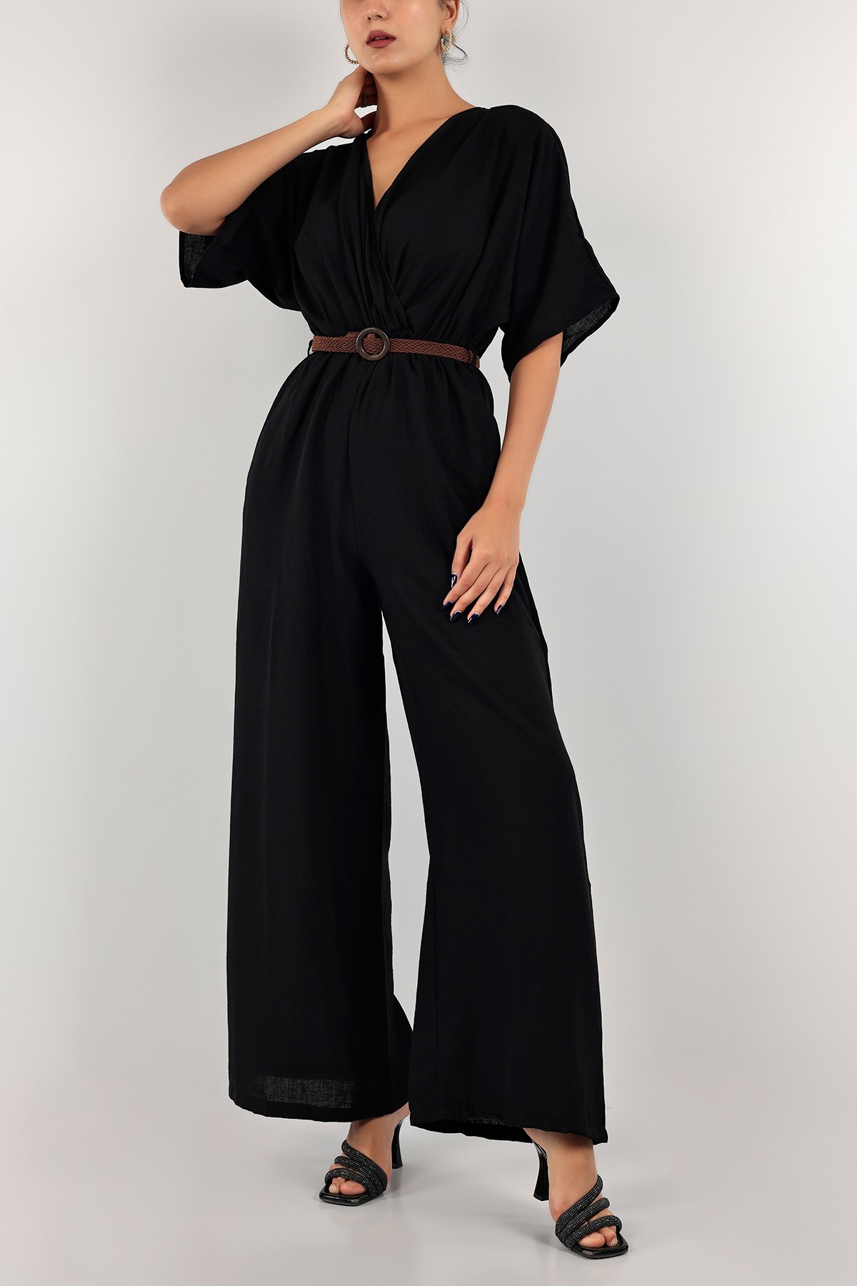 Siyah Kemerli Cepli Bayan Keten Tulum 127107 | ModamızBir | Modamizbir.Com