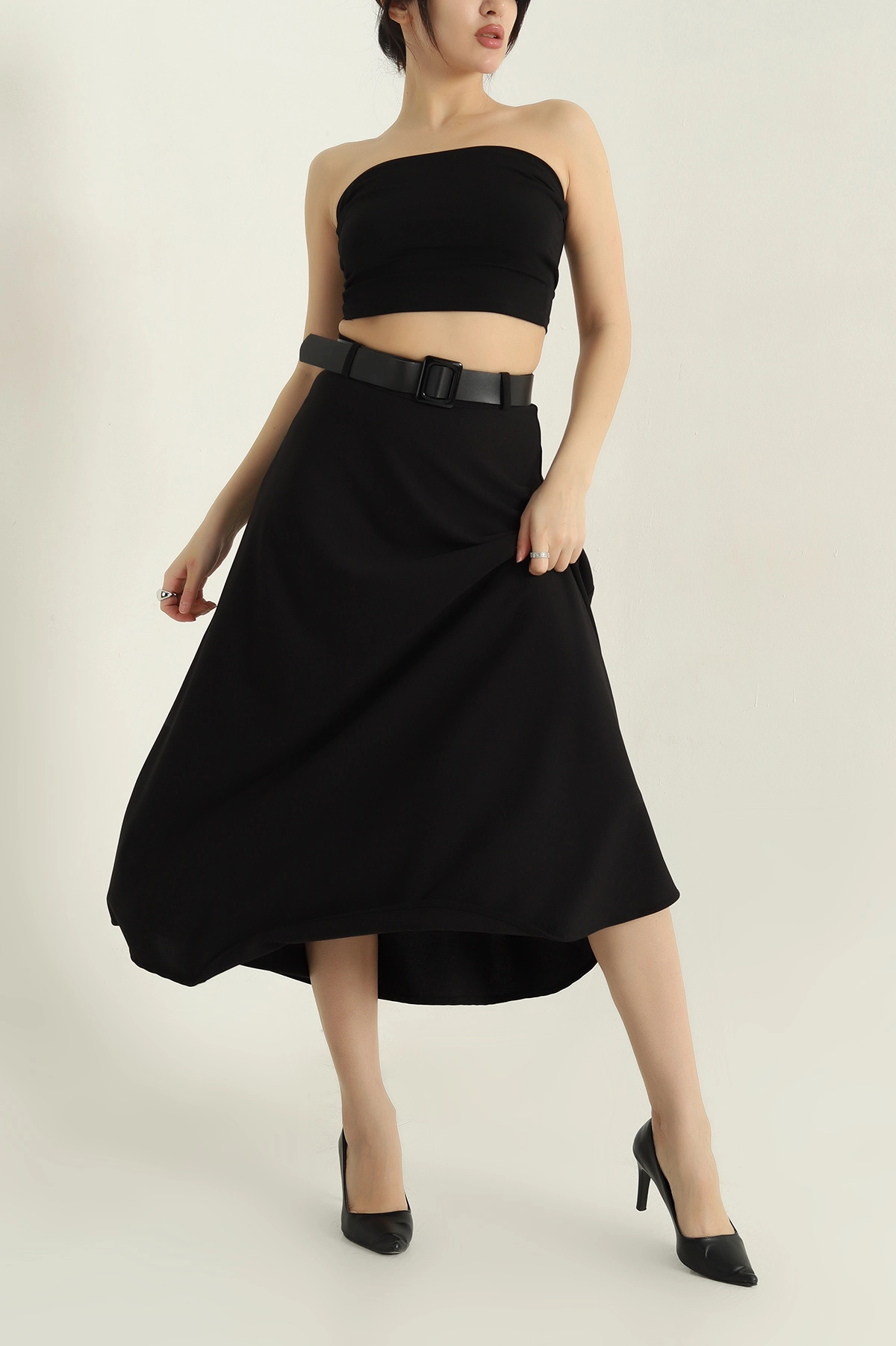 Siyah Kemerli Kloş Örme Krep Kadın Etek 349003