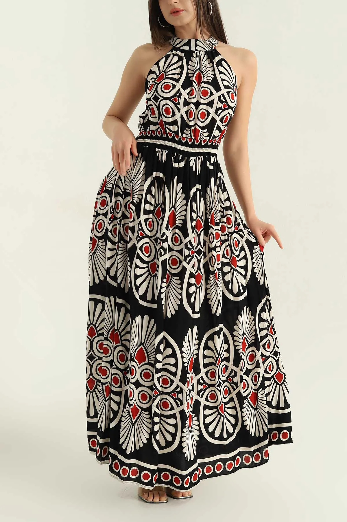 Siyah Kolsuz Dokuma Desenli Kadın Elbise 365901