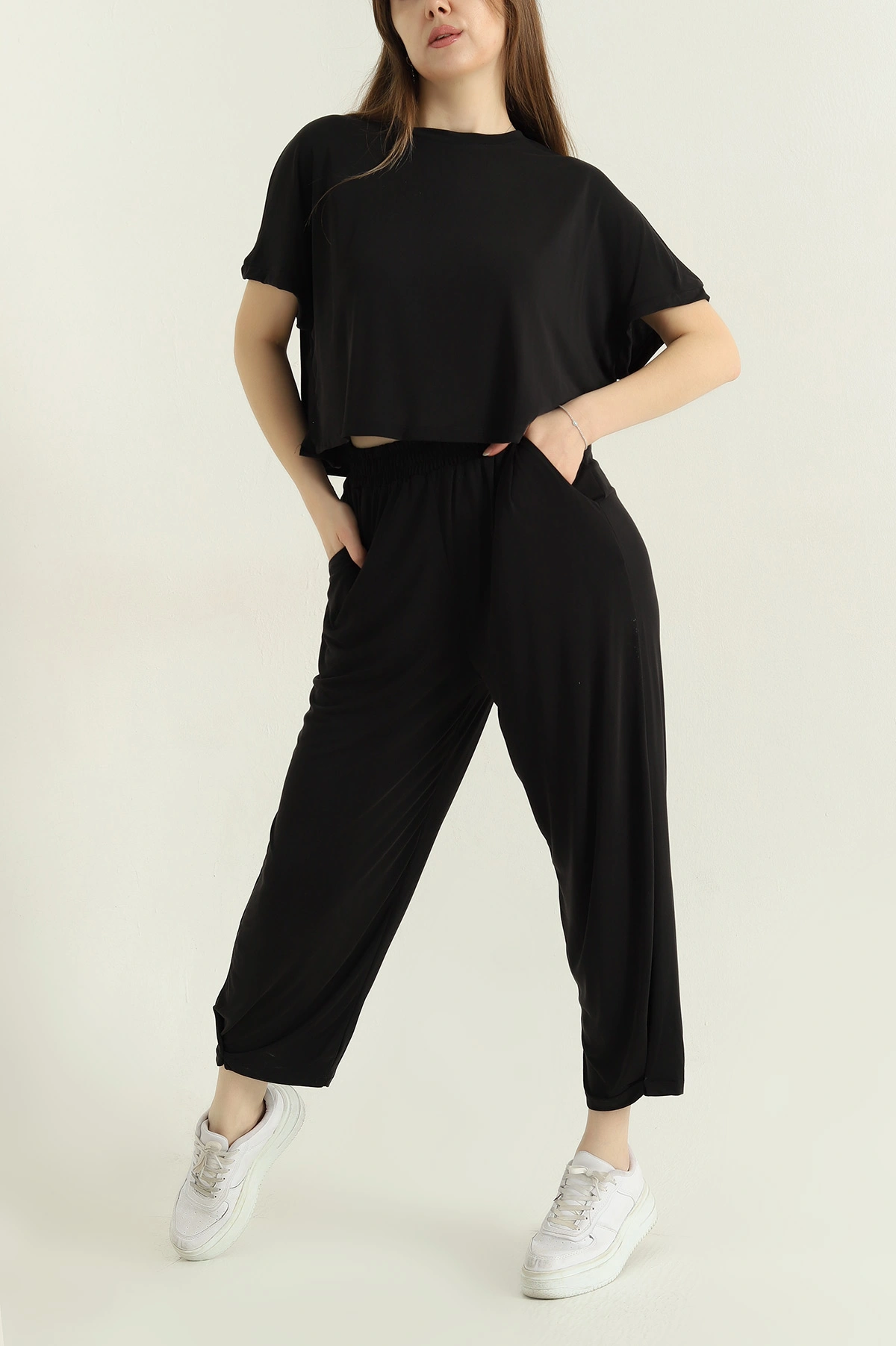 Siyah Modal Likralı Şalvar Tişört Kadın İkili Takım 357385
