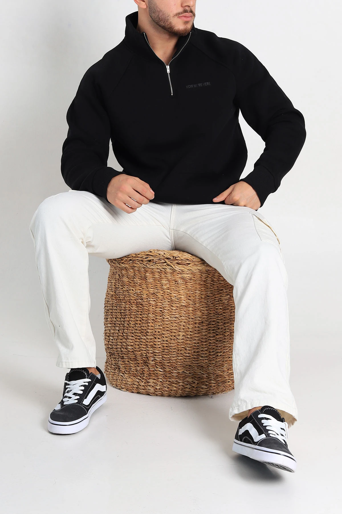 Siyah Oversize Üç İp Şardonlu Erkek Yarım Fermuarlı Sweatshirt 309160