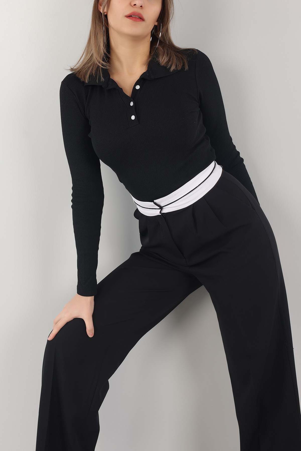 Siyah Polo Yaka Fitilli Bluz 151396 | ModamızBir | Modamizbir.Com