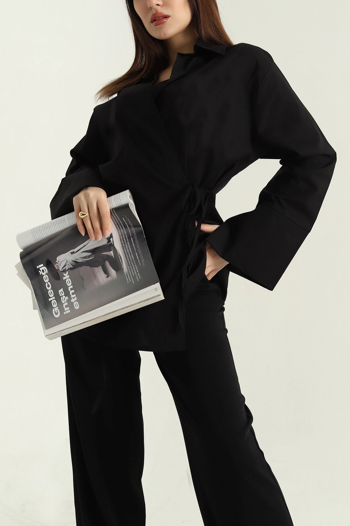 Siyah Poplin Bağlamalı Bayan Gömlek 334340