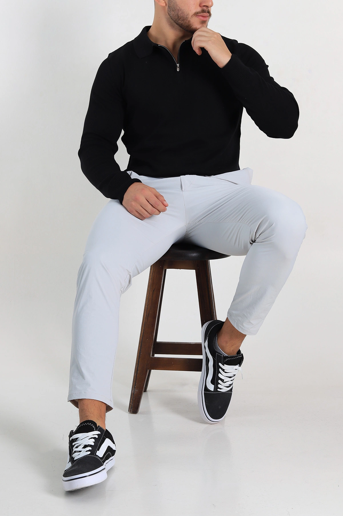 Siyah Regular Fit Fermuarlı Polo Yaka Erkek İnce Triko 309187