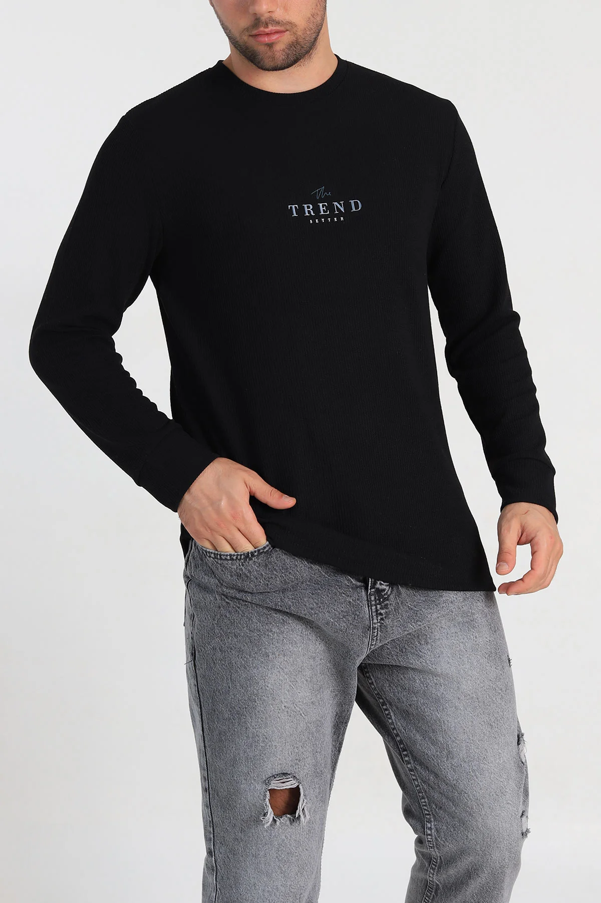 Siyah Regular Fit Fitilli Doku Erkek Sweatshirt 320560