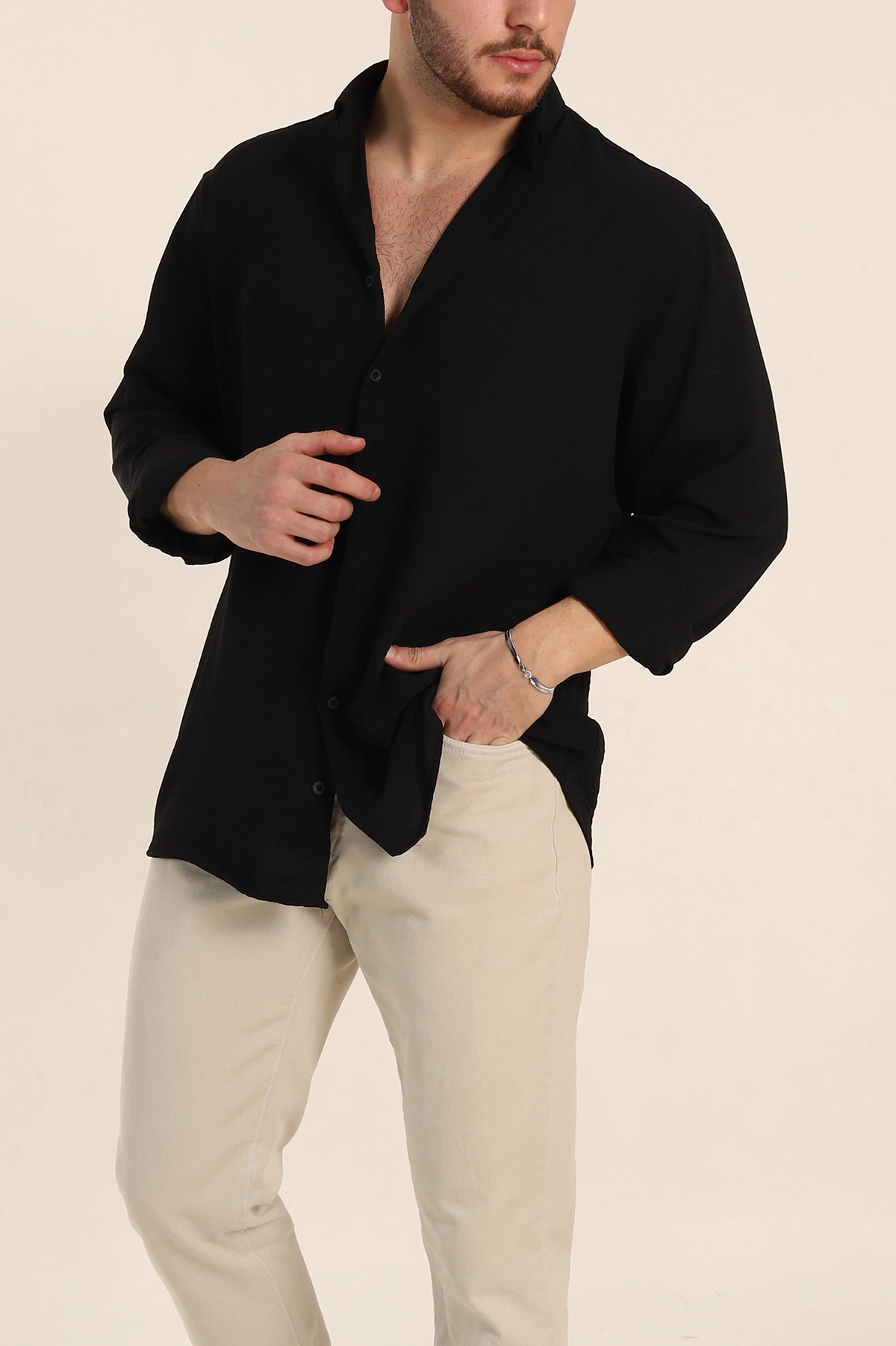 Siyah Relaxed Fit Aerobin Keten Ata Yaka Erkek Gömlek 339117