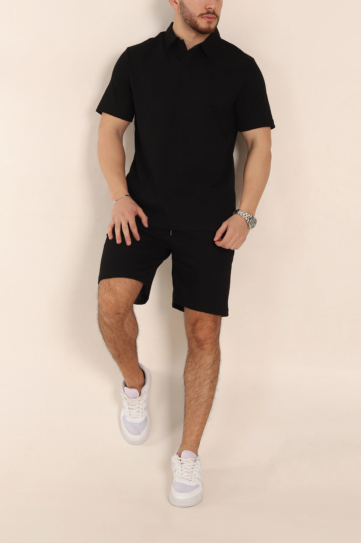 Siyah Relaxed Fit Dokulu Basic Erkek Şortlu Takım 348476