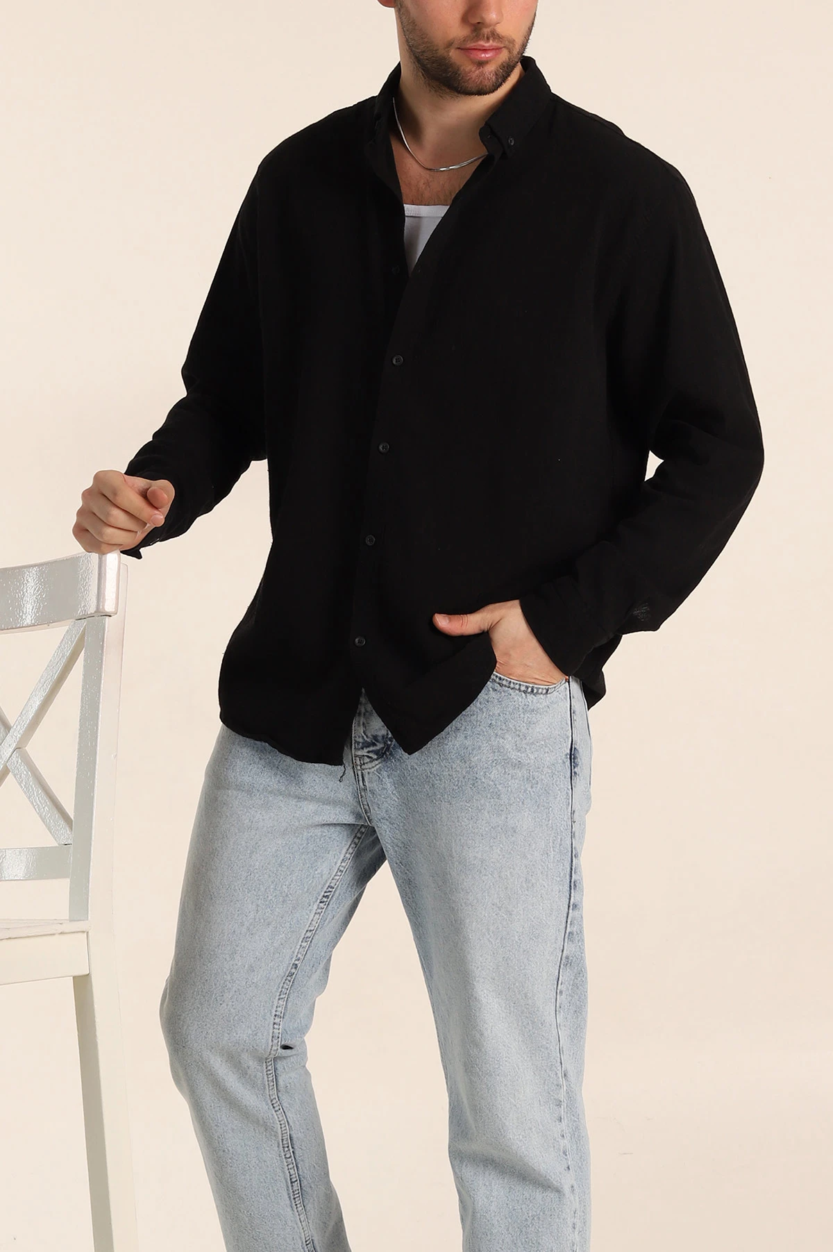 Siyah Relaxed Fit Keten Ata Yaka Erkek Gömlek 339162