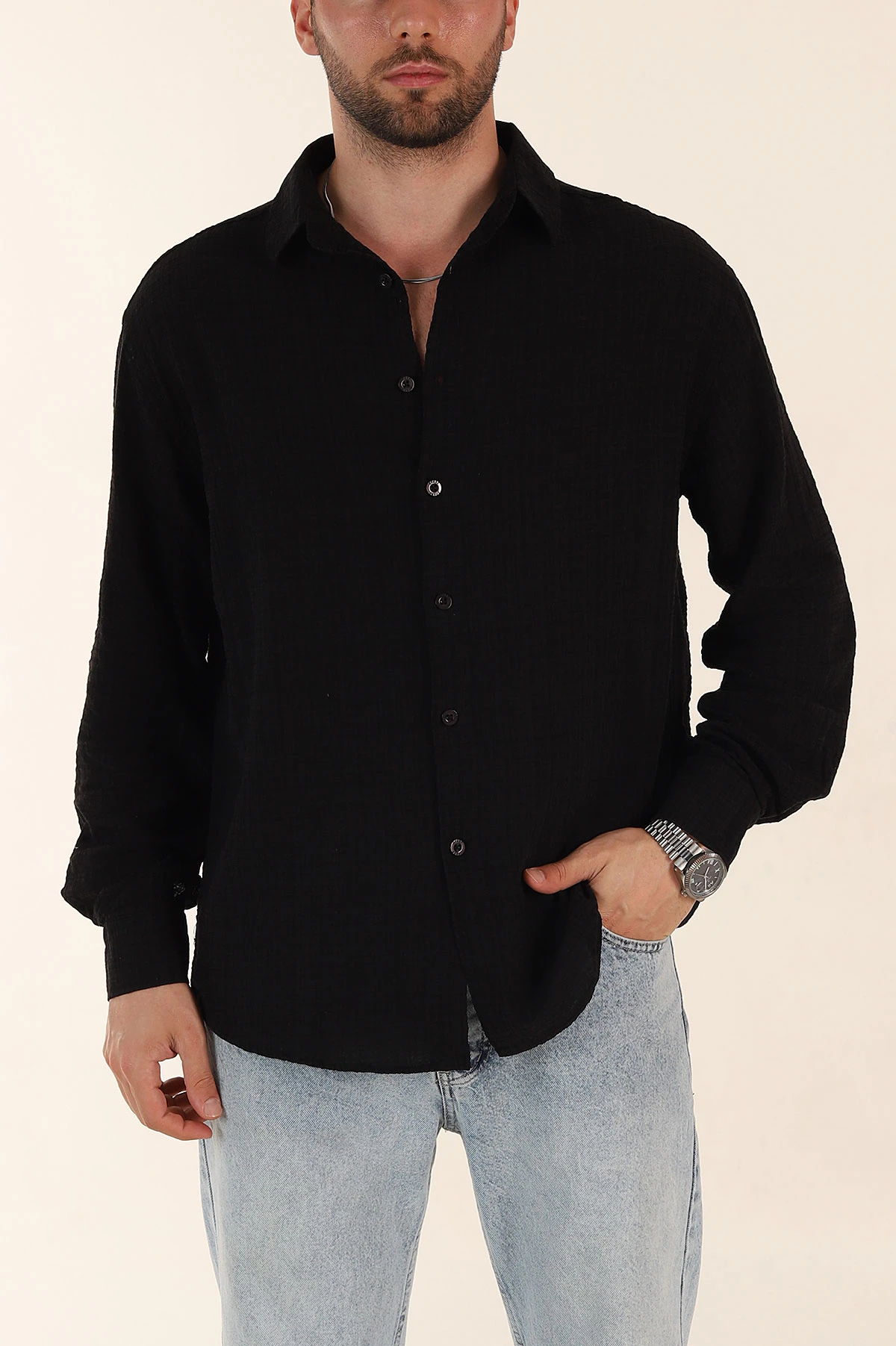 Siyah Relaxed Fit Müslin Keten Uzun Kollu Erkek Gömlek 368566