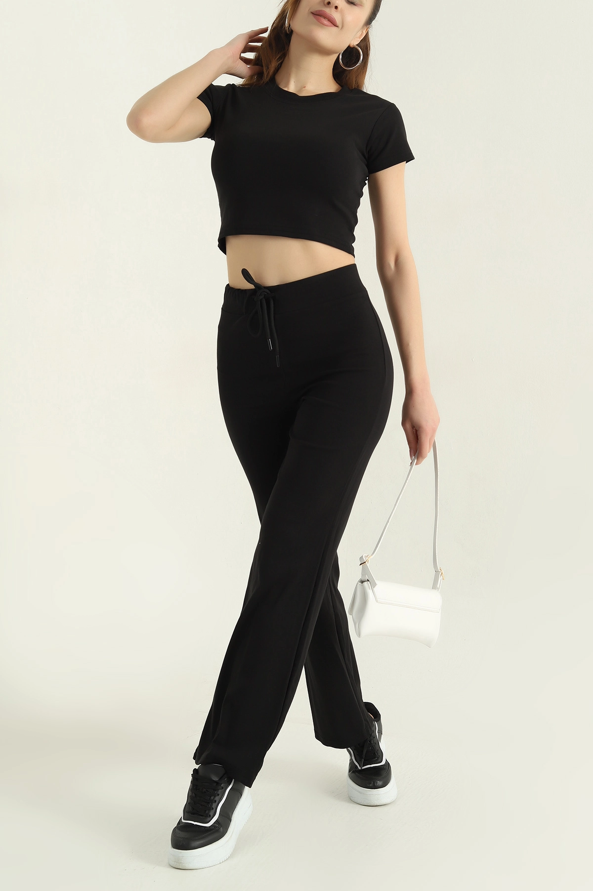 Siyah Ribana Pantolon Crop Kadın İkili Takım 355708