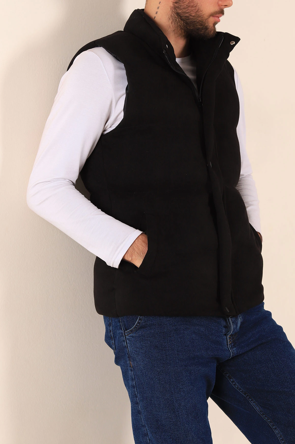 Siyah Süet Kapitone Erkek Yelek 230529 | ModamızBir | Modamizbir.Com