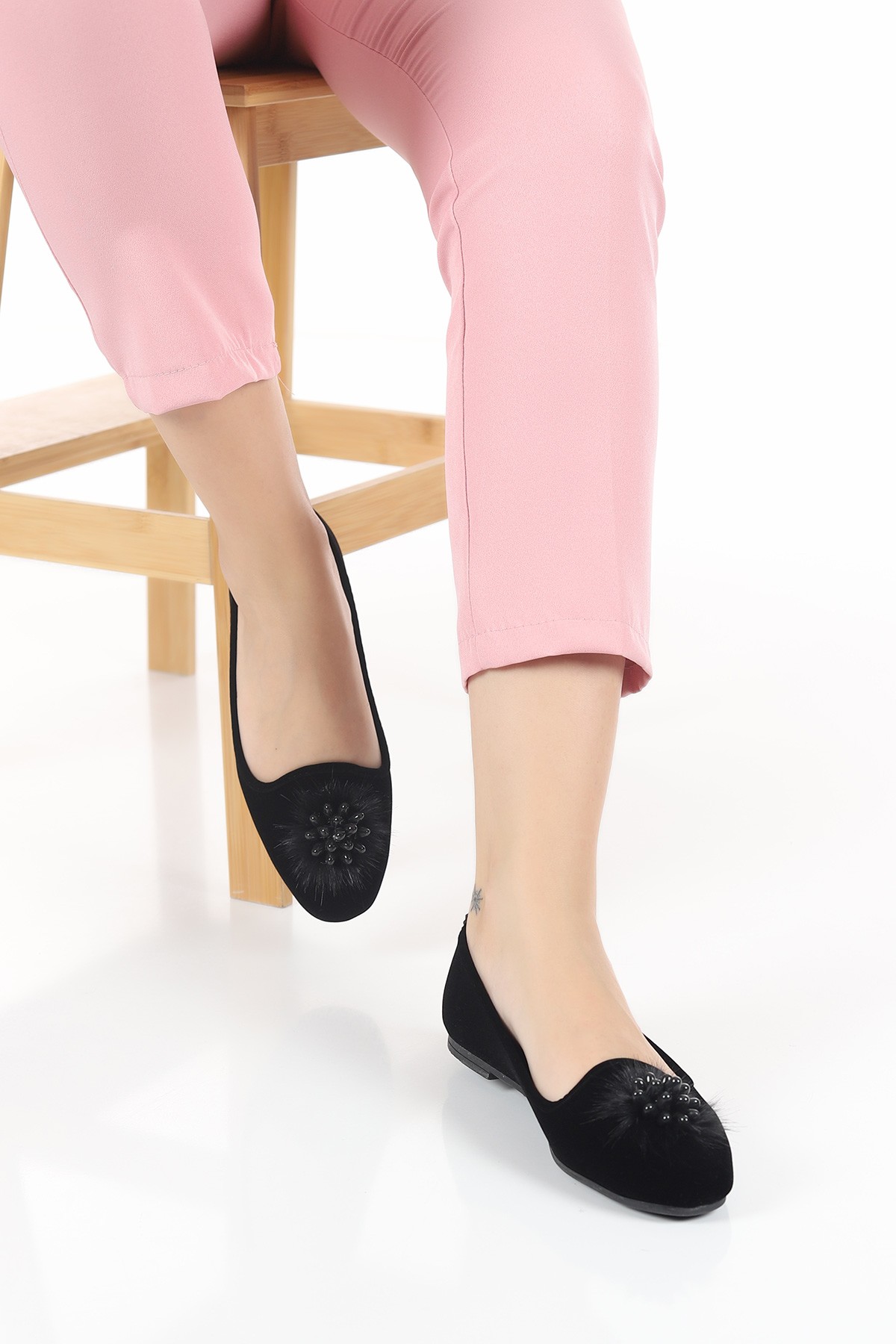 Siyah Süet Peluş Taşlı Babet 128335 | ModamızBir | Modamizbir.Com