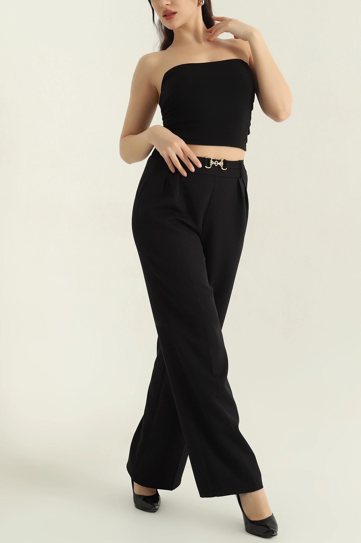 Siyah Tokalı Bel Lastikli Poliviskon Palazzo Kadın Pantolon 350793