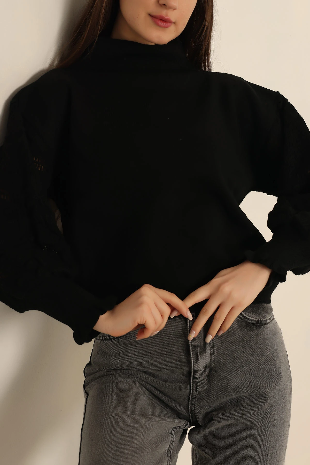 Siyah Triko Kol Detay Bayan Kazak 228476 | ModamızBir | Modamizbir.Com