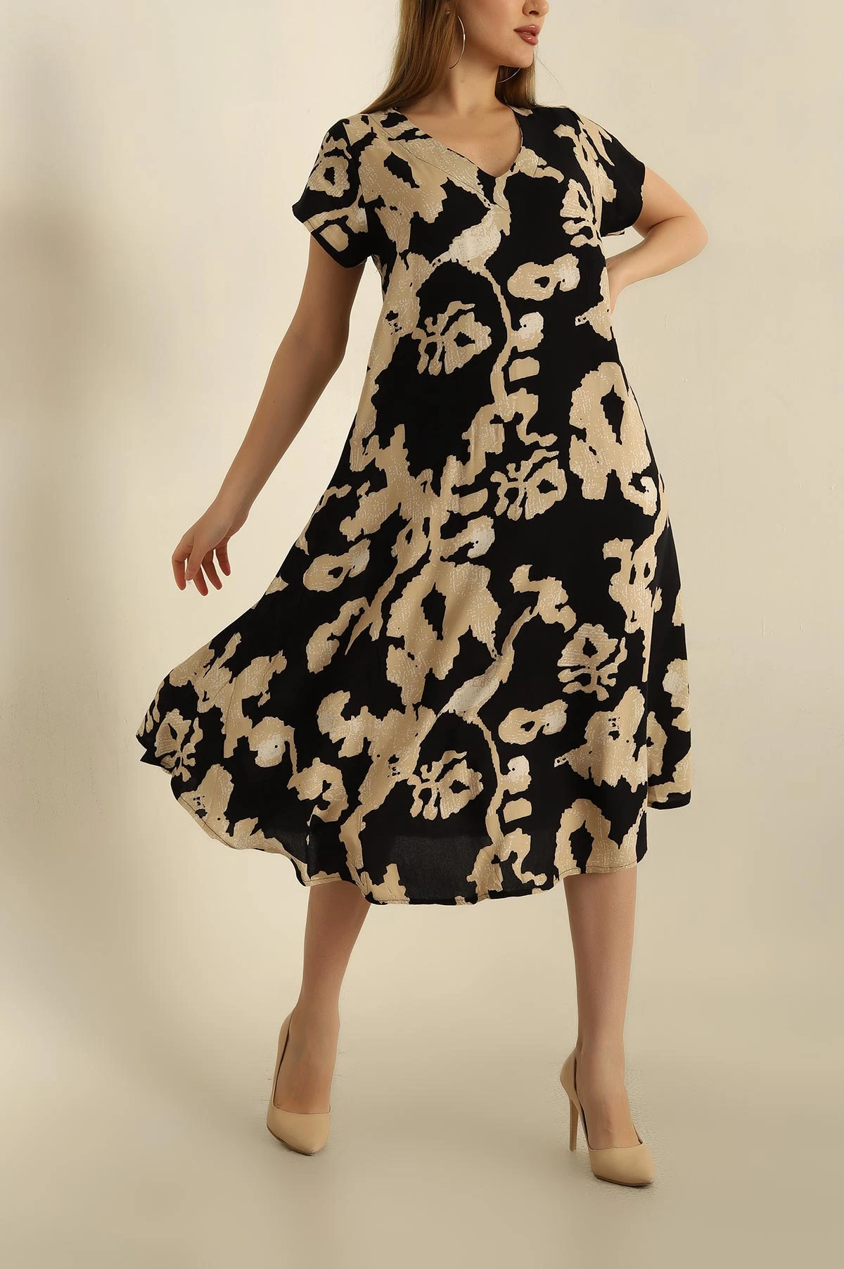 Siyah V Yaka Dokuma Viskon Çan Elbise 263313 | ModamızBir | Modamizbir.Com