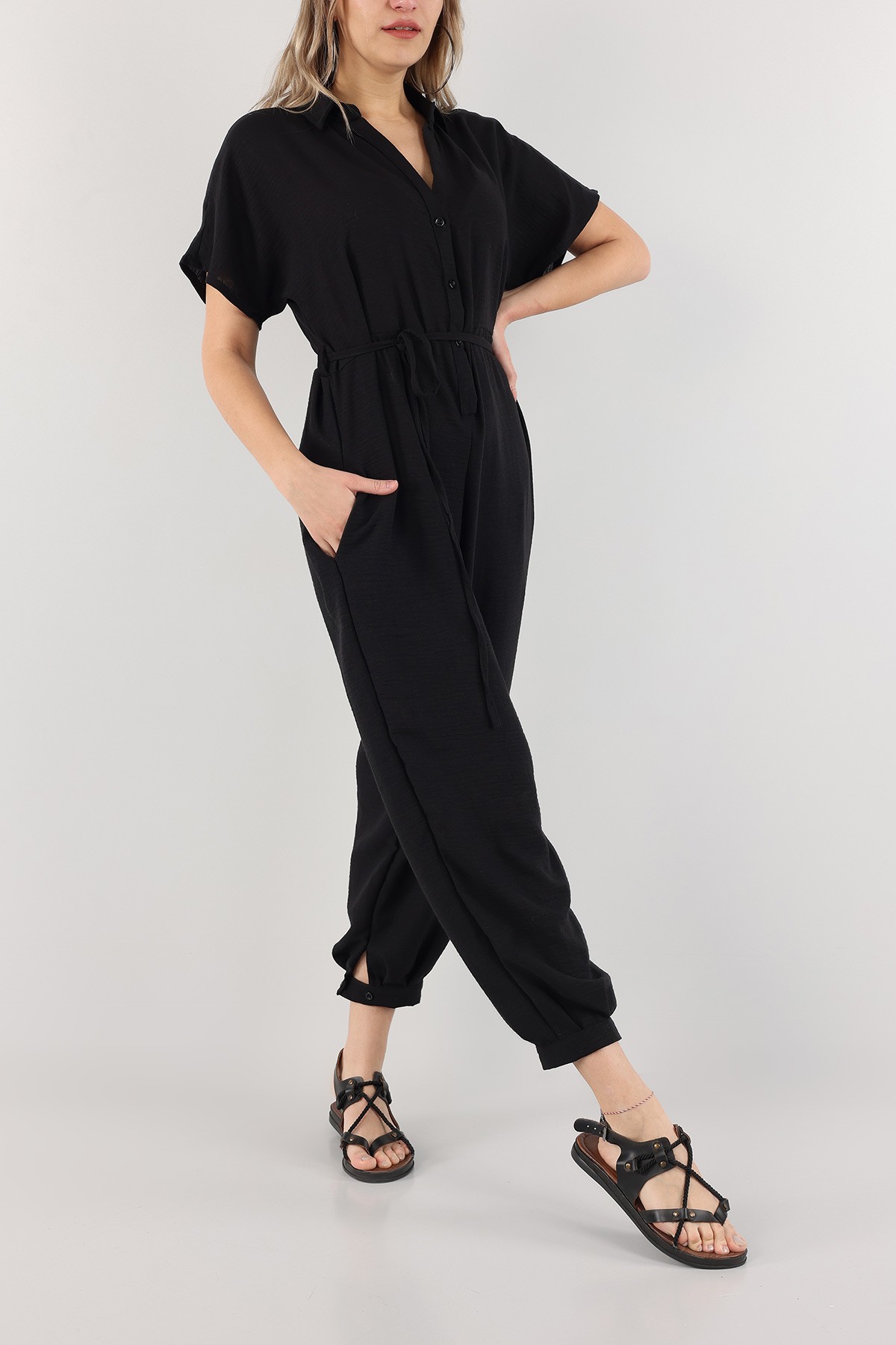 Siyah Valentin Keten Düğmeli Bayan Tulum 171761 | ModamızBir ...