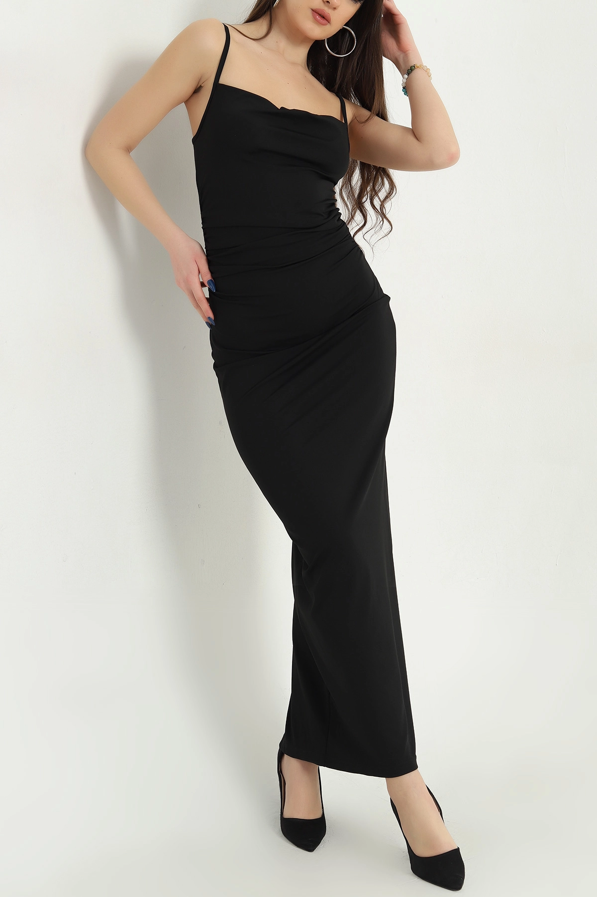 Siyah Yan Büzgülü Oysho Kumaş Elbise 339396