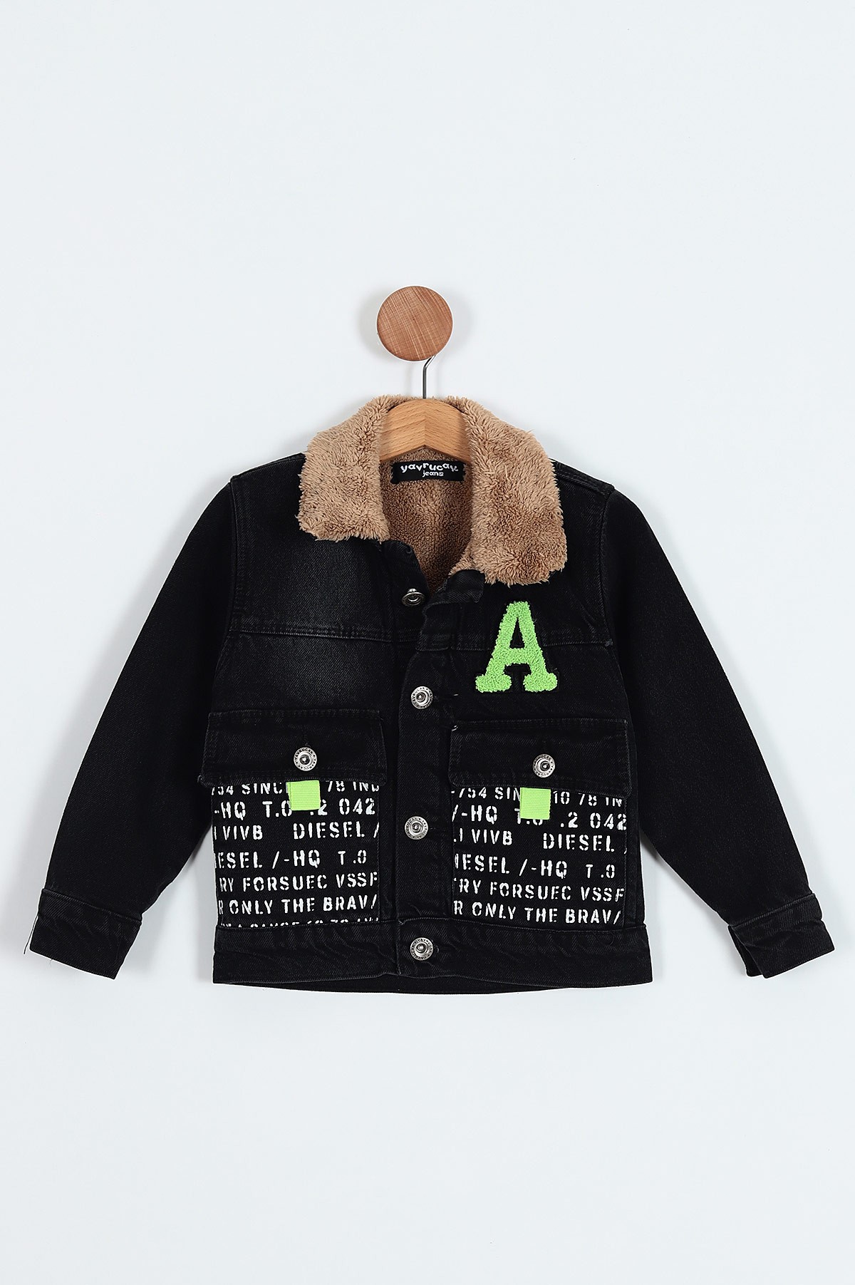 Siyah Yeşil (8-12 Yaş) A Nakışlı Cep Kapaklı Kürklü Erkek Çocuk Kot ...