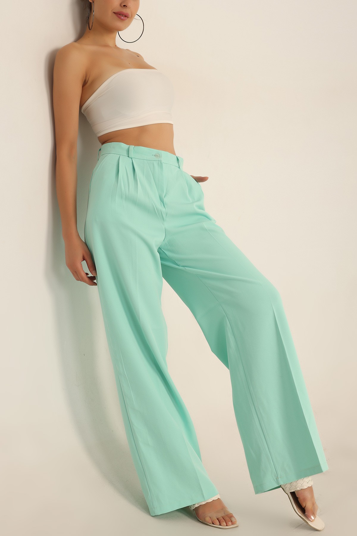 Su Yeşili Pileli Bayan Pantalon 196329 | ModamızBir | Modamizbir.Com