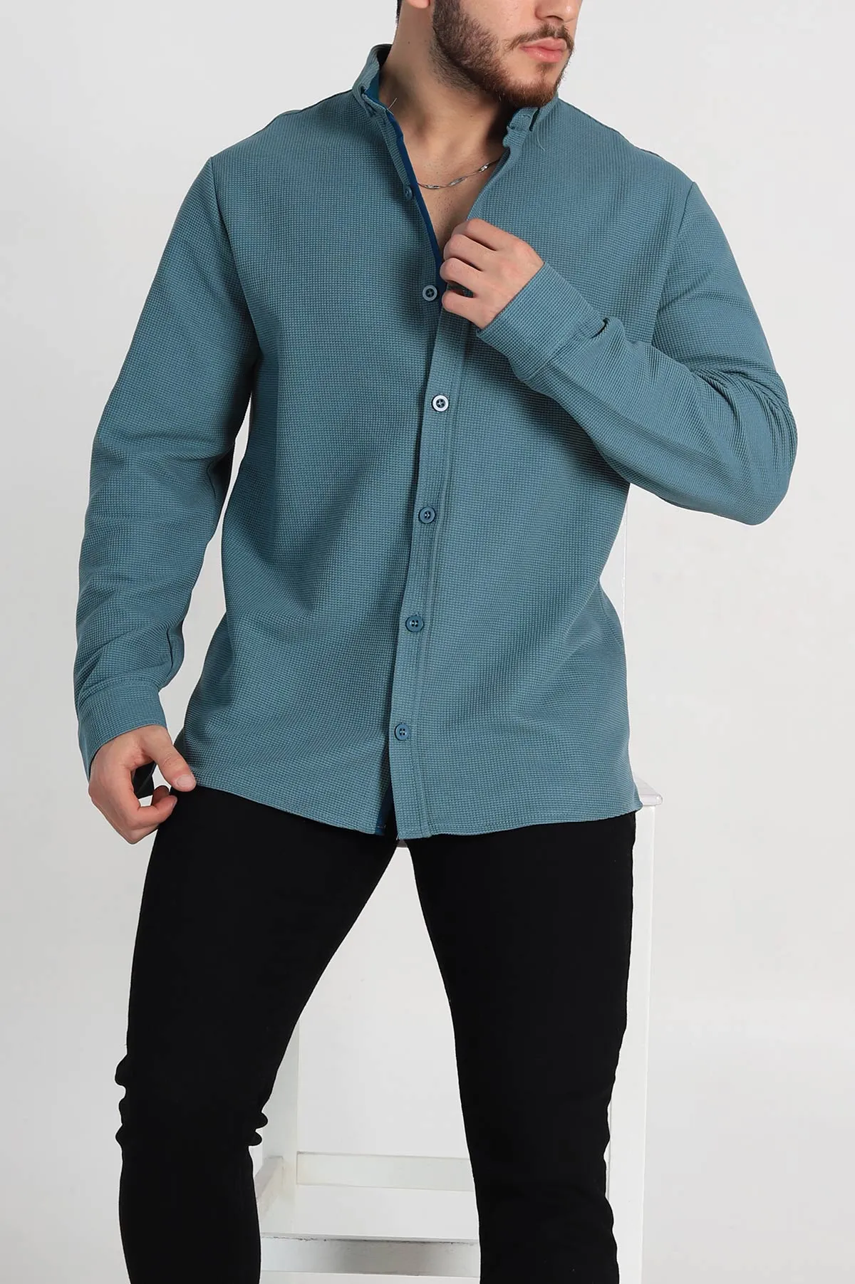 Su Yeşili Regular Fit Pike Dokulu Ata Yaka Erkek Gömlek 322348