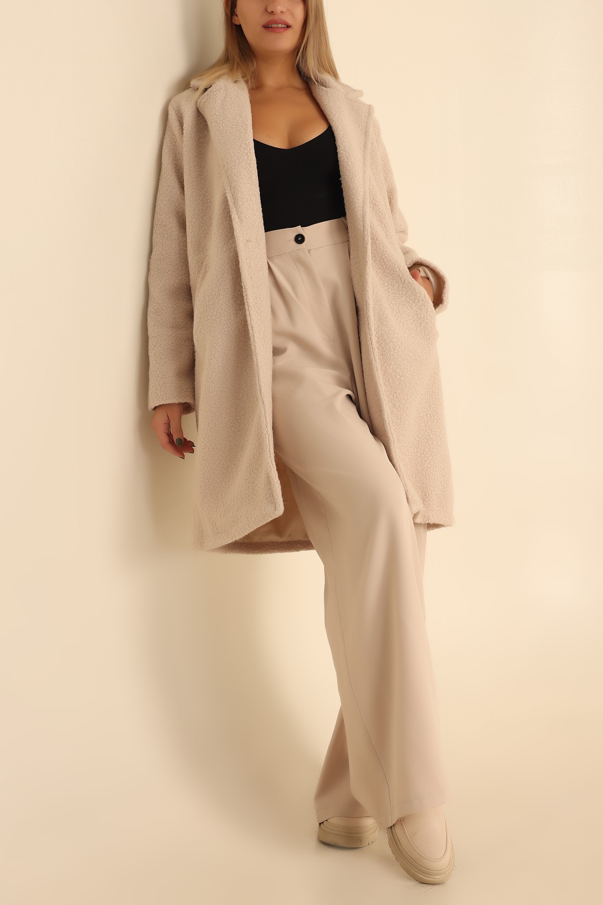 Taş Astarlı Cepli Buklet Kaşe Kaban 208175 | ModamızBir | Modamizbir.Com