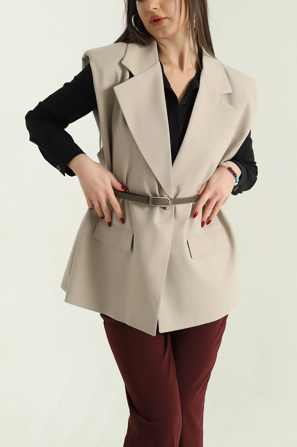 Taş Astarlı Kemerli Poliviskon Bayan Yelek 334288