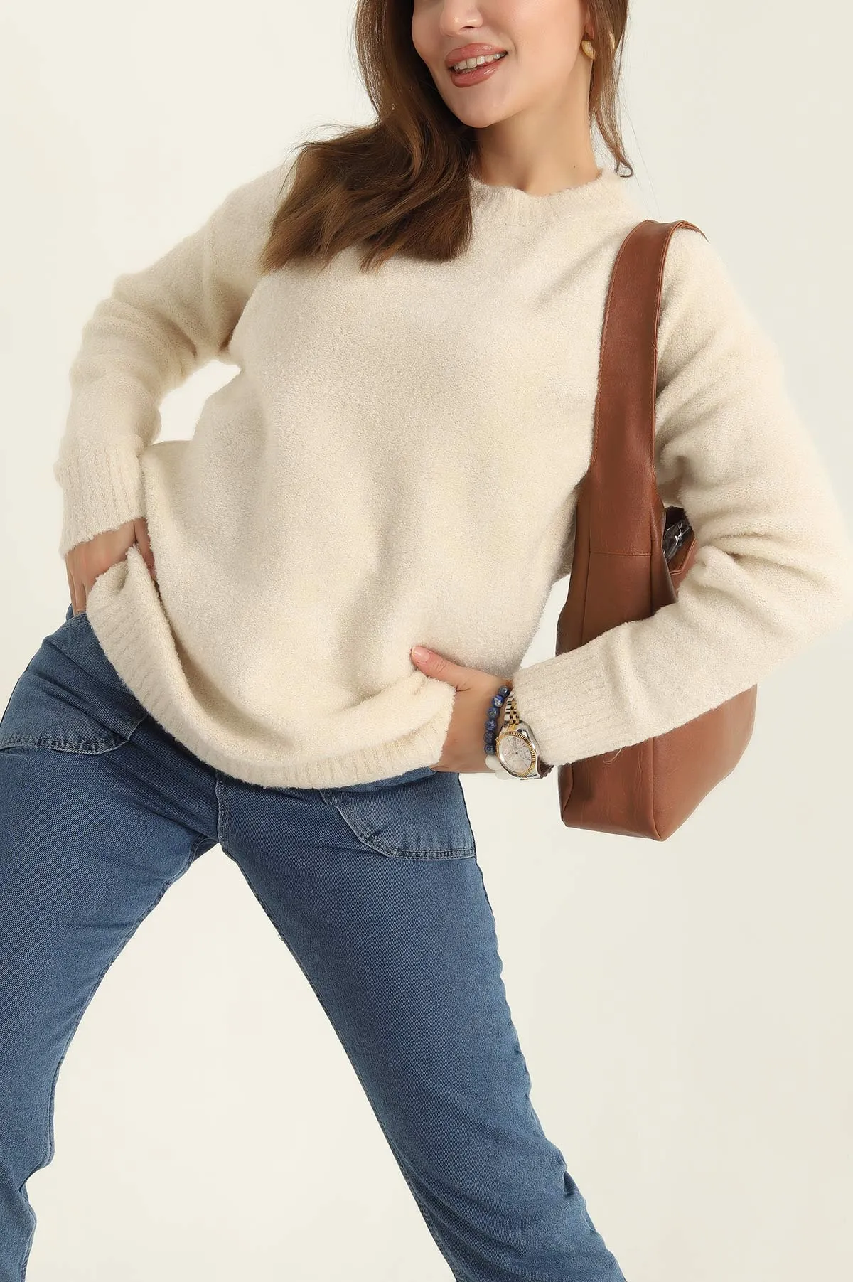 Taş Buklet Triko Bisiklet Yaka Bayan Kazak 319989