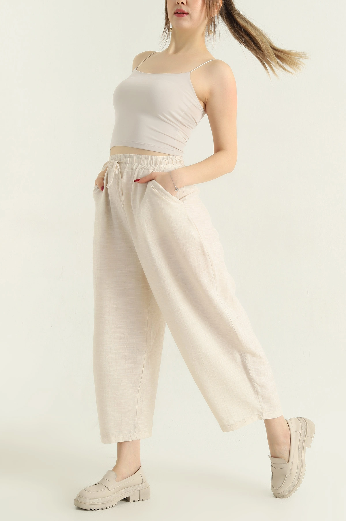 Taş Çizgili Desen Bayan Şalvar Keten Pantolon 336001