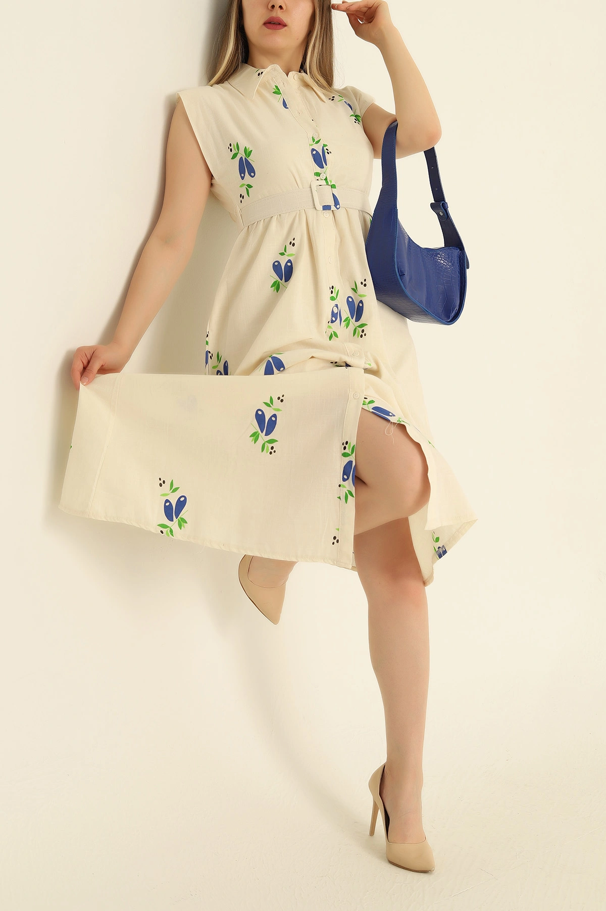 Taş Kemerli Astarlı Keten Elbise 276590 | ModamızBir | Modamizbir.Com