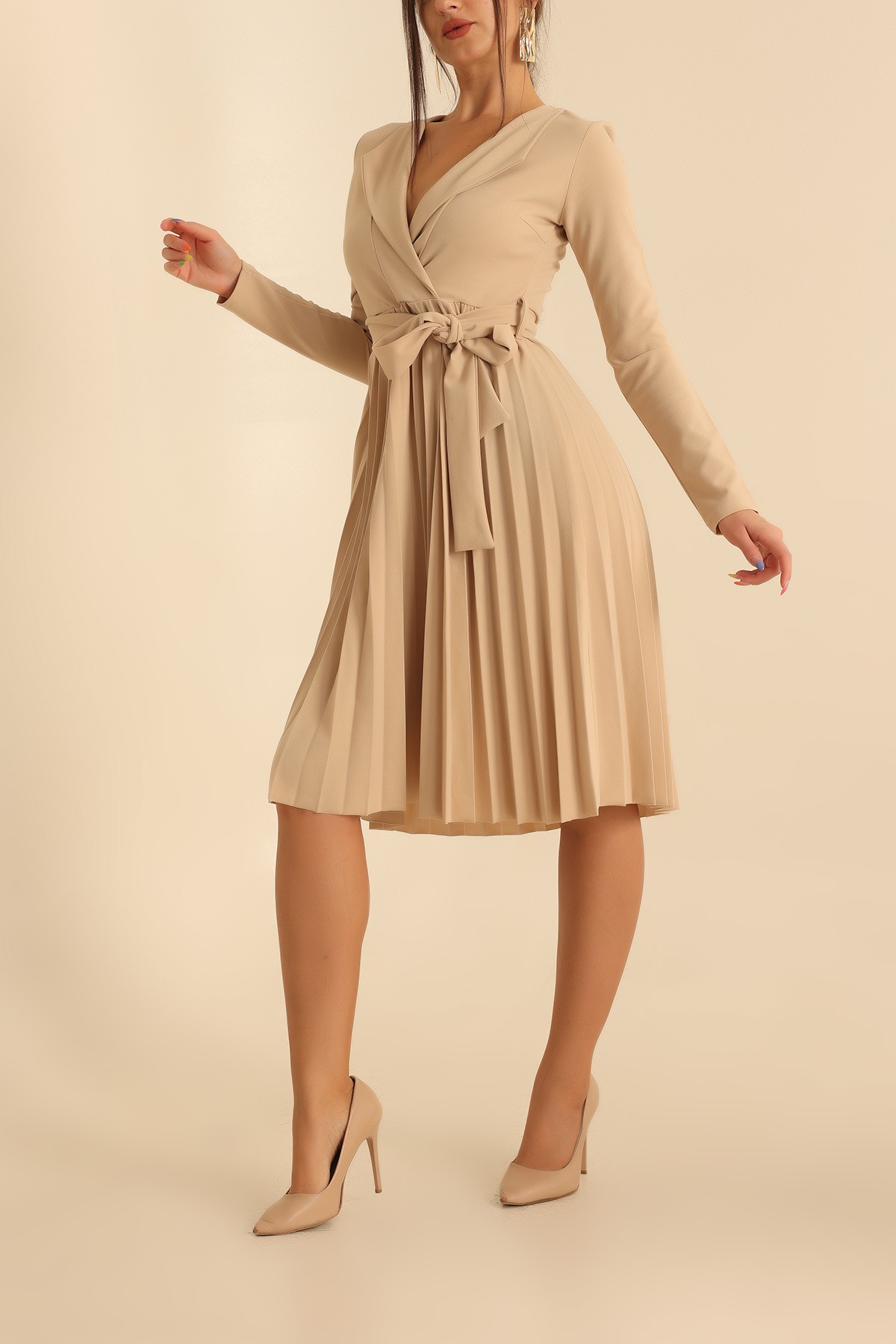 Taş Kemerli Pileli Krep Abiye 207625 | ModamızBir | Modamizbir.Com