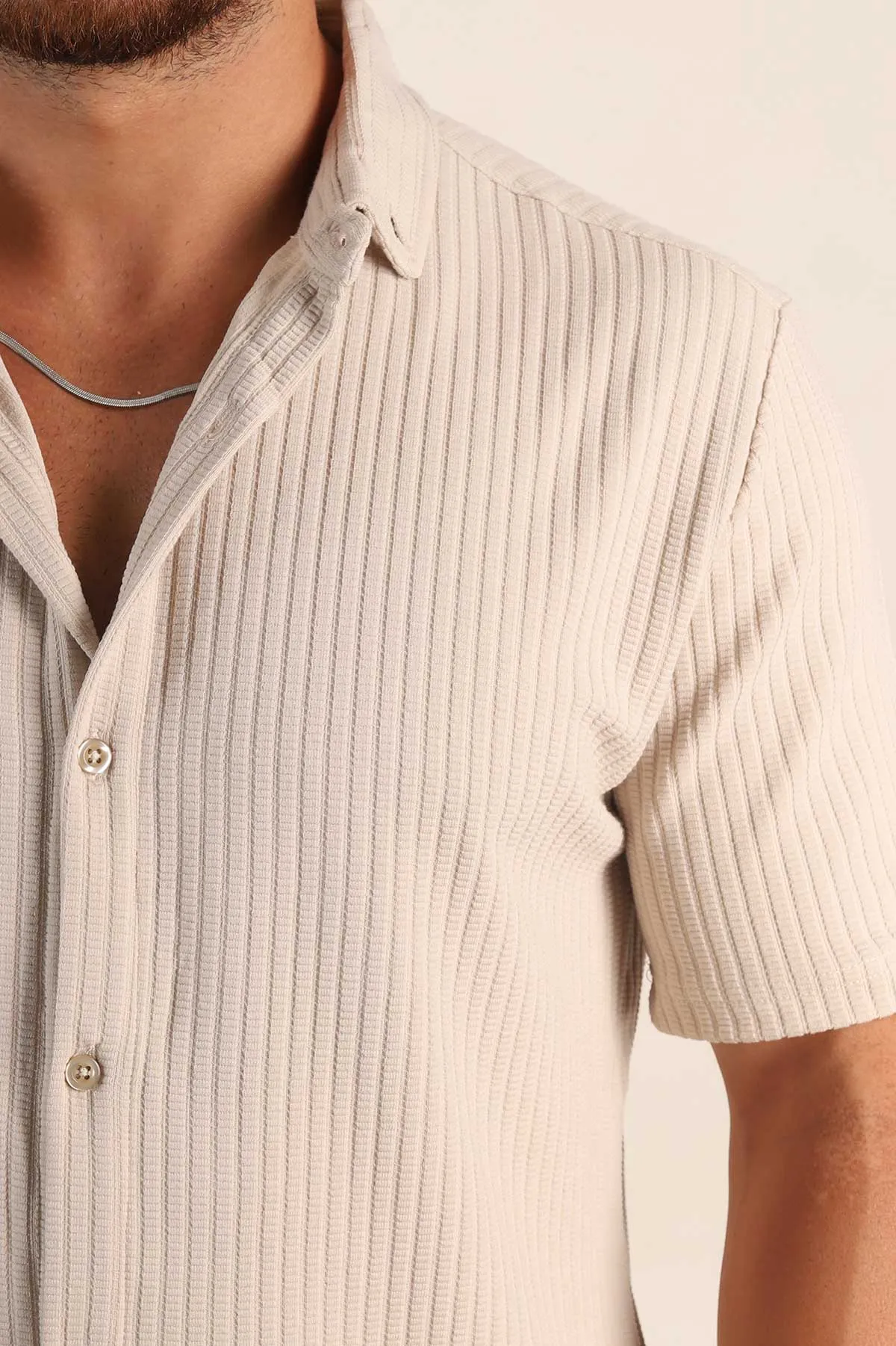 Taş Relaxed Fit Waffle Dokulu Ata Yaka Kısa Kollu Erkek Gömlek 373025